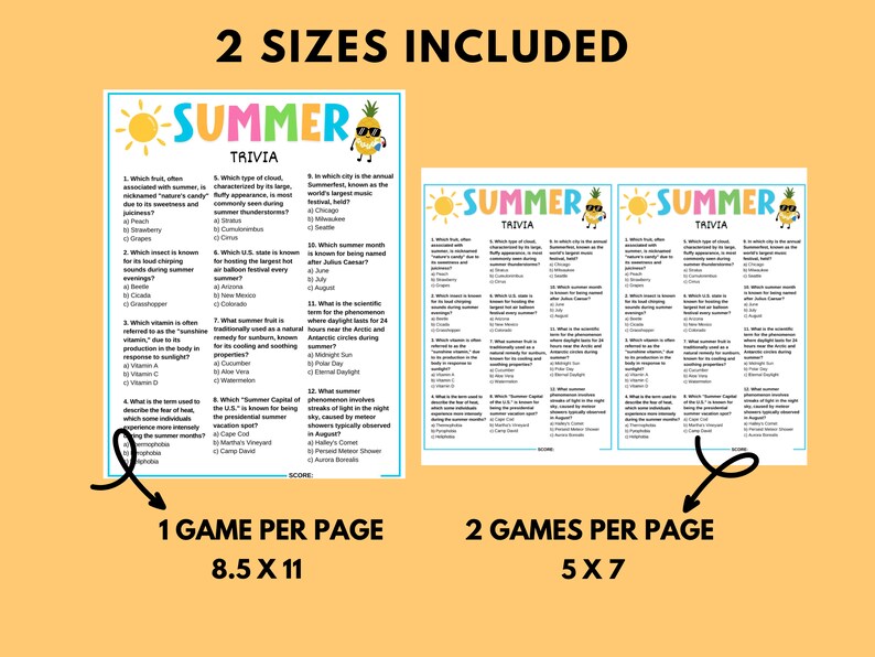 Summer Trivia, Summer Trivia Quiz, Printable Summer Games, Summer Party ...