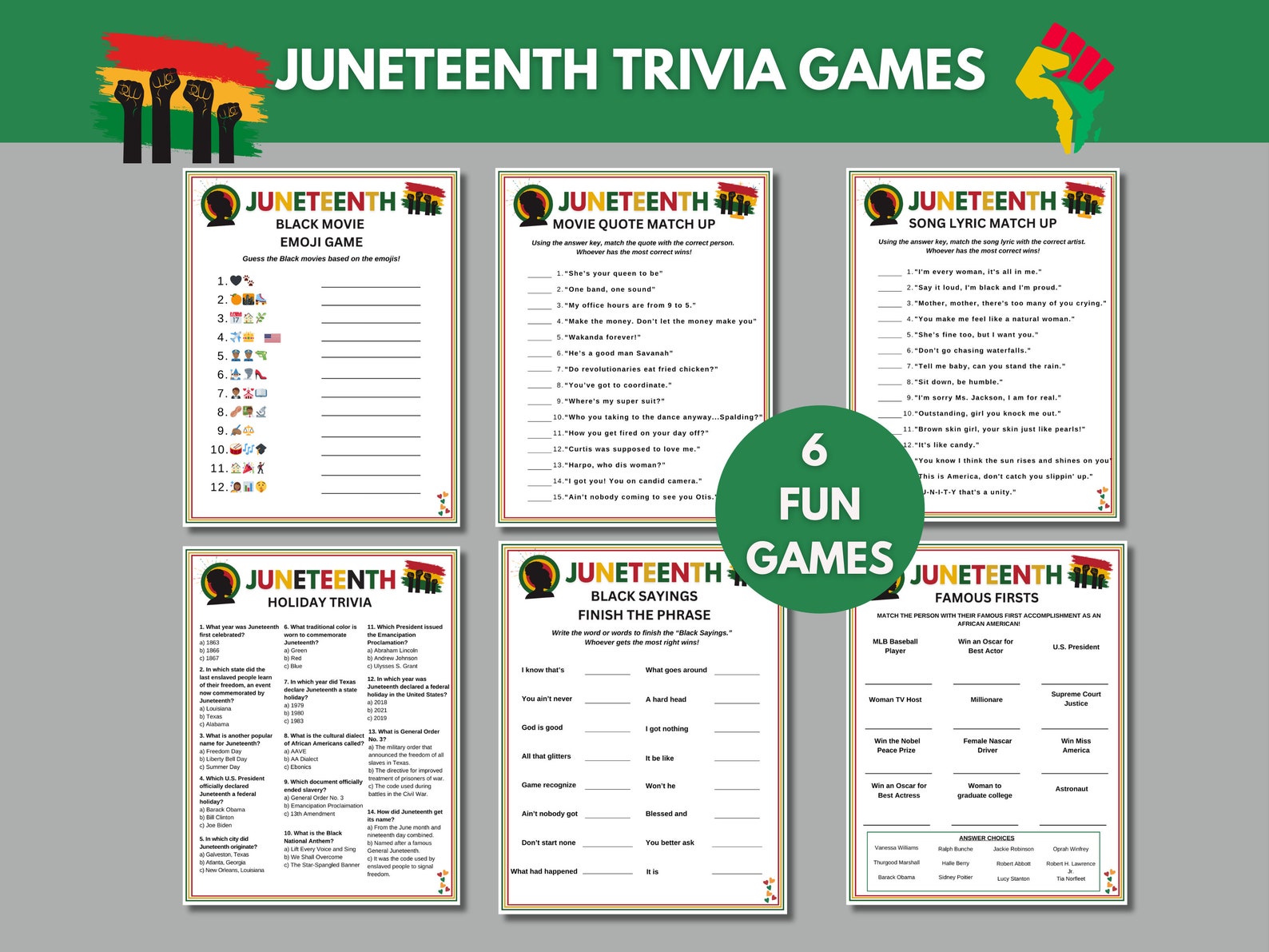 Juneteenth Trivia Games, Printable Juneteenth Game Bundle, Juneteenth ...