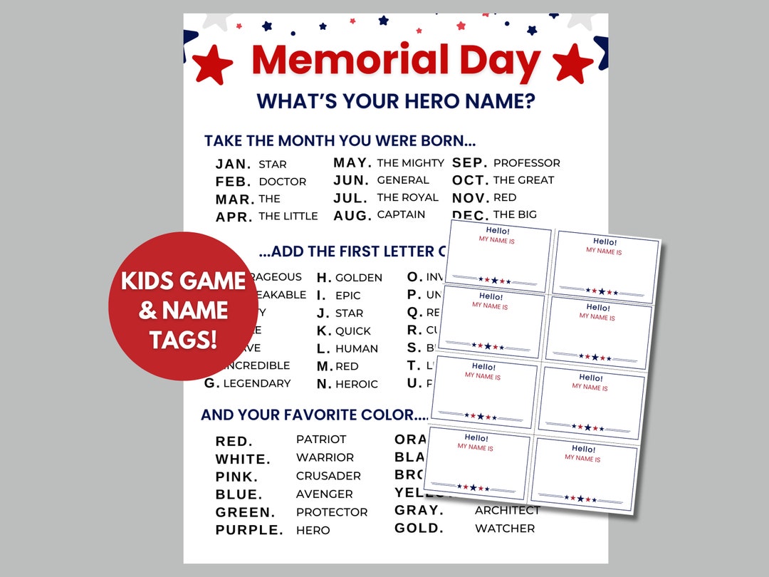 Whats Your Hero Name, Memorial Day Activity for Kids, Memorial Day ...