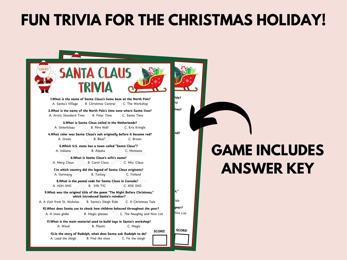 Printable Santa Claus Trivia, Christmas Trivia, Santa Game, Santa ...
