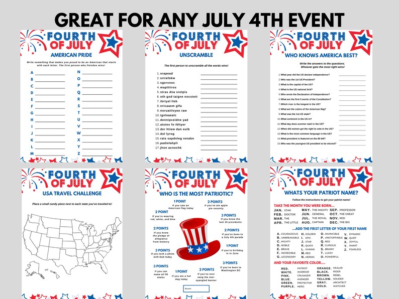 July 4th Party Games Bundle, Printable 4th of July Activity, July 4th ...