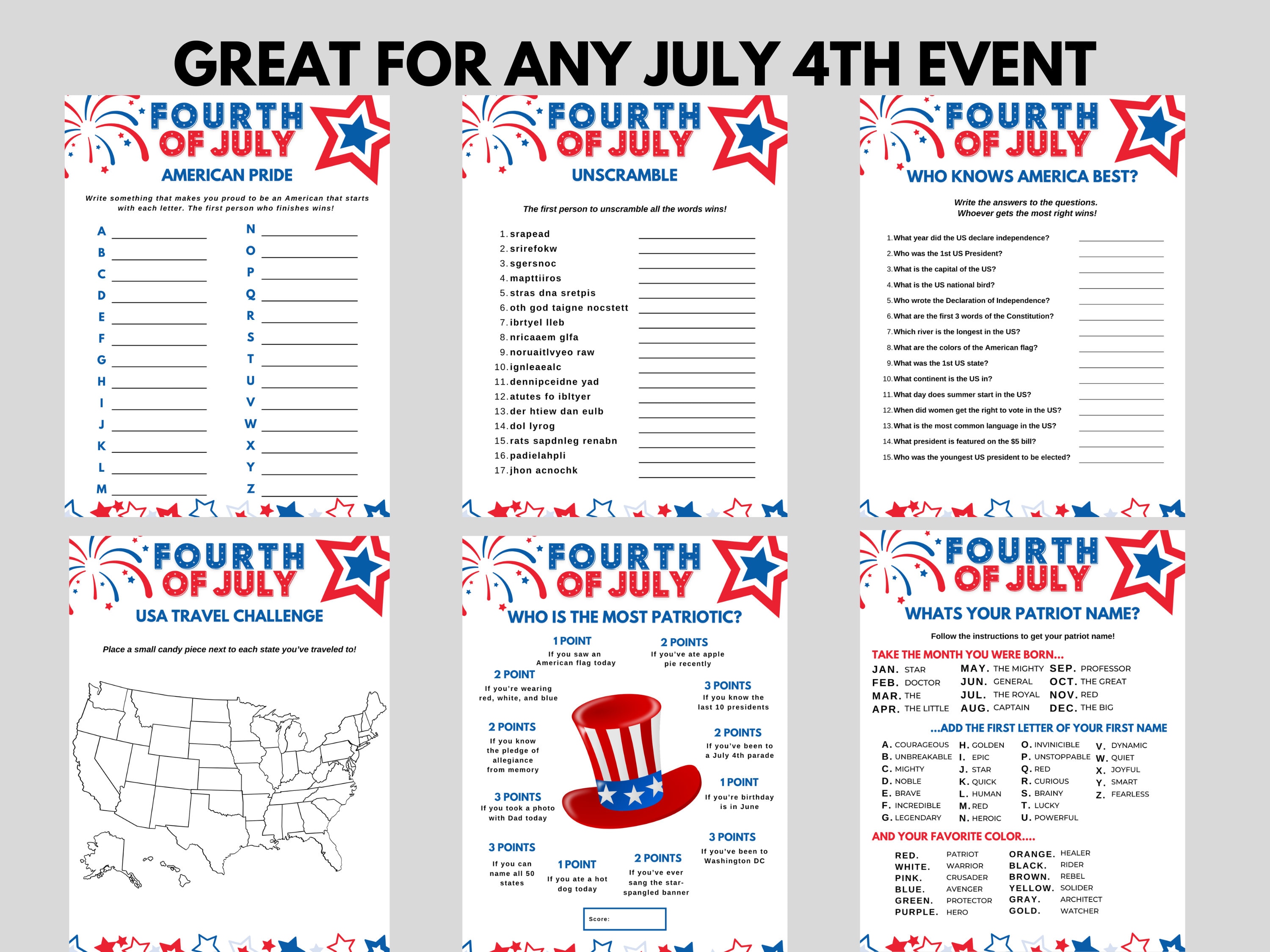 July 4th Party Games Bundle, Printable 4th of July Activity, July 4th ...