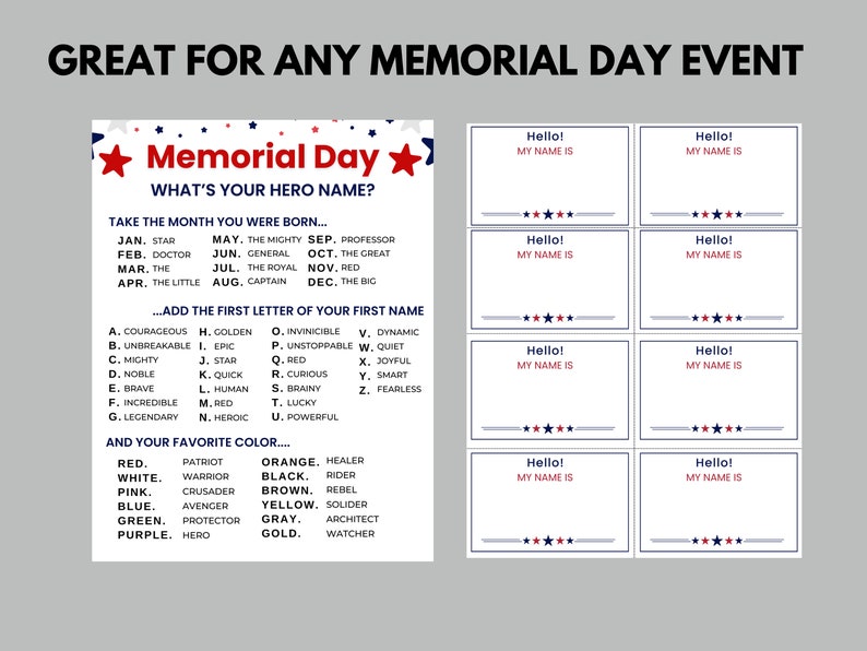 Whats Your Hero Name, Memorial Day Activity for Kids, Memorial Day ...