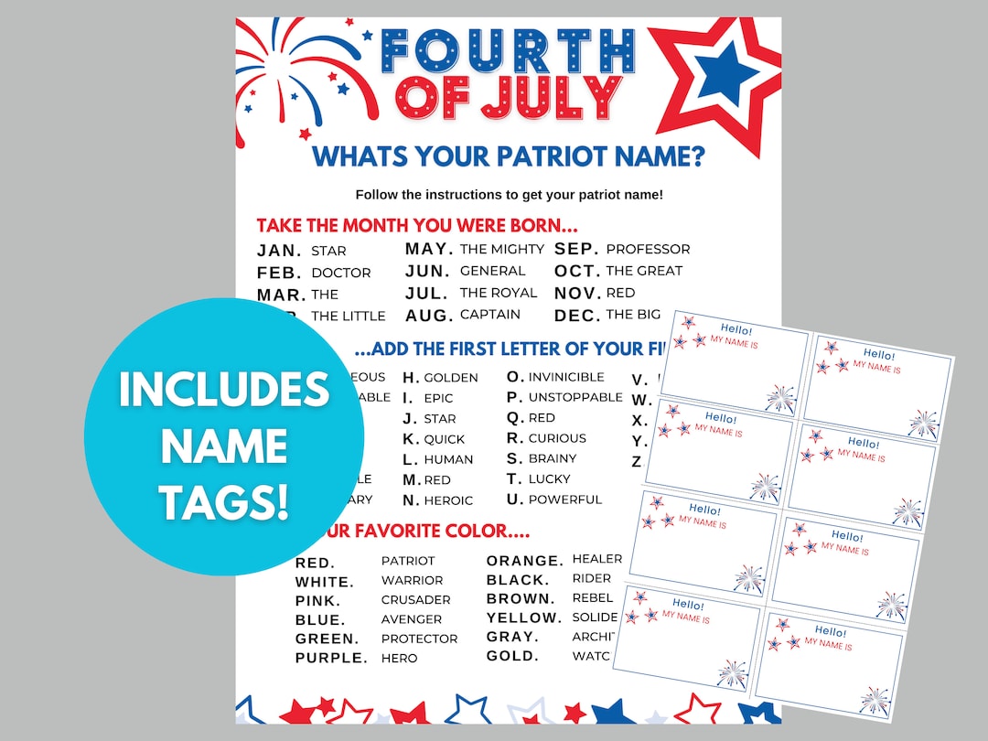 Whats Your Patriot Name, July 4th Game, 4th of July Games for Kids, 4th ...