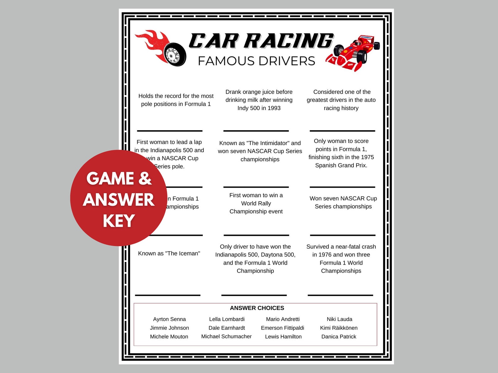 Famous Race Car Drivers Party Game, Car Racing Trivia, Motorsports ...