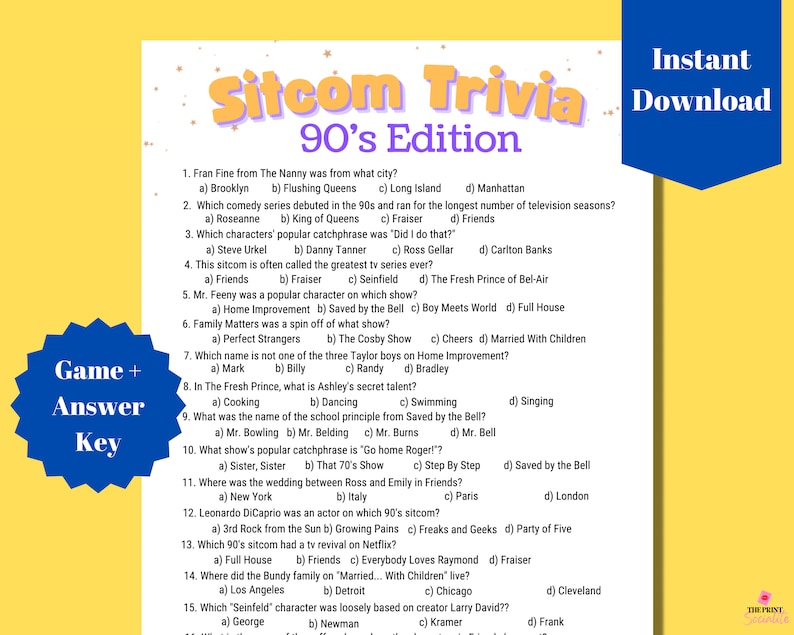 90's Sitcom Trivia Game, Printable Party Game, Back to the Nineties ...