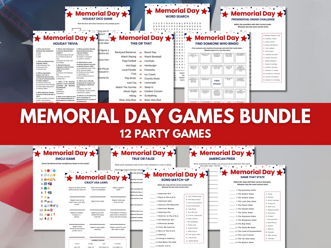 Memorial Day 12 Party Games Bundle, Memorial Day Trivia, BBQ Cookout ...