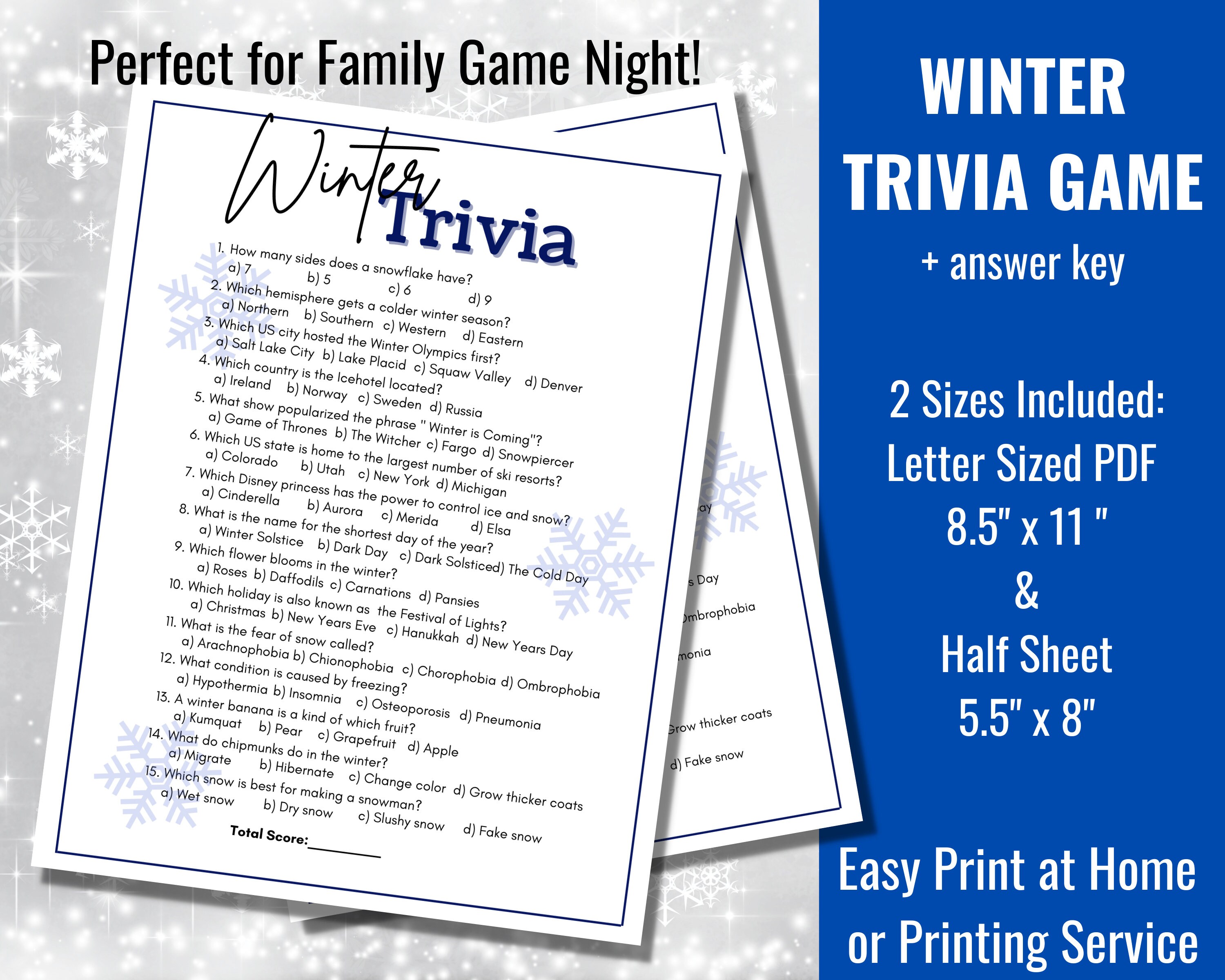 Winter Trivia Game Printable, Wintertime Activity for Adults, Kids ...