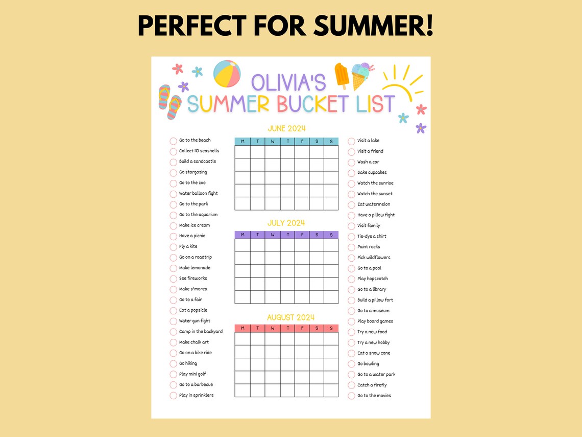 Personalized Editable Summer Bucket List Template, Kids Summer Bucket ...