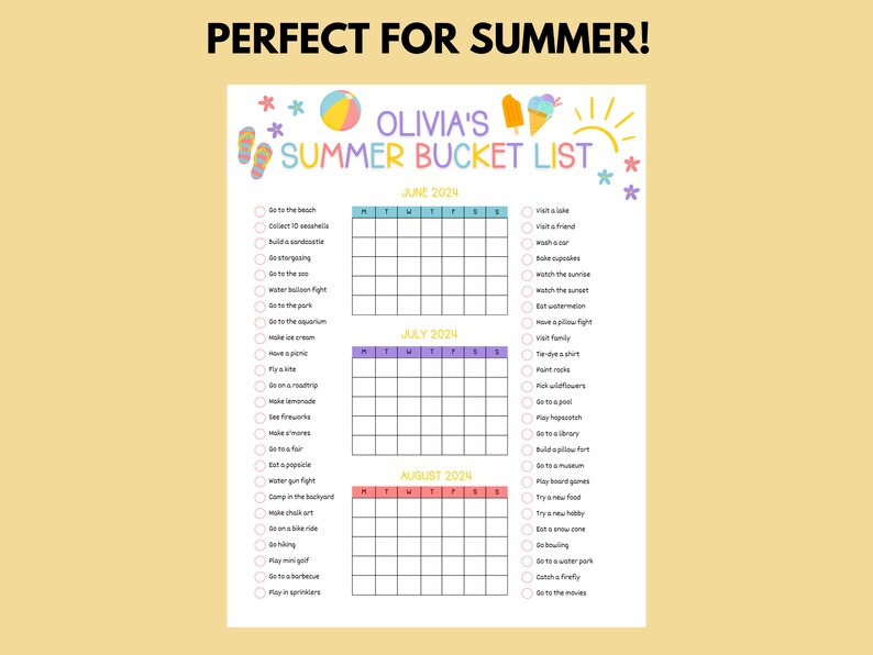 Personalized Editable Summer Bucket List Template, Kids Summer Bucket ...