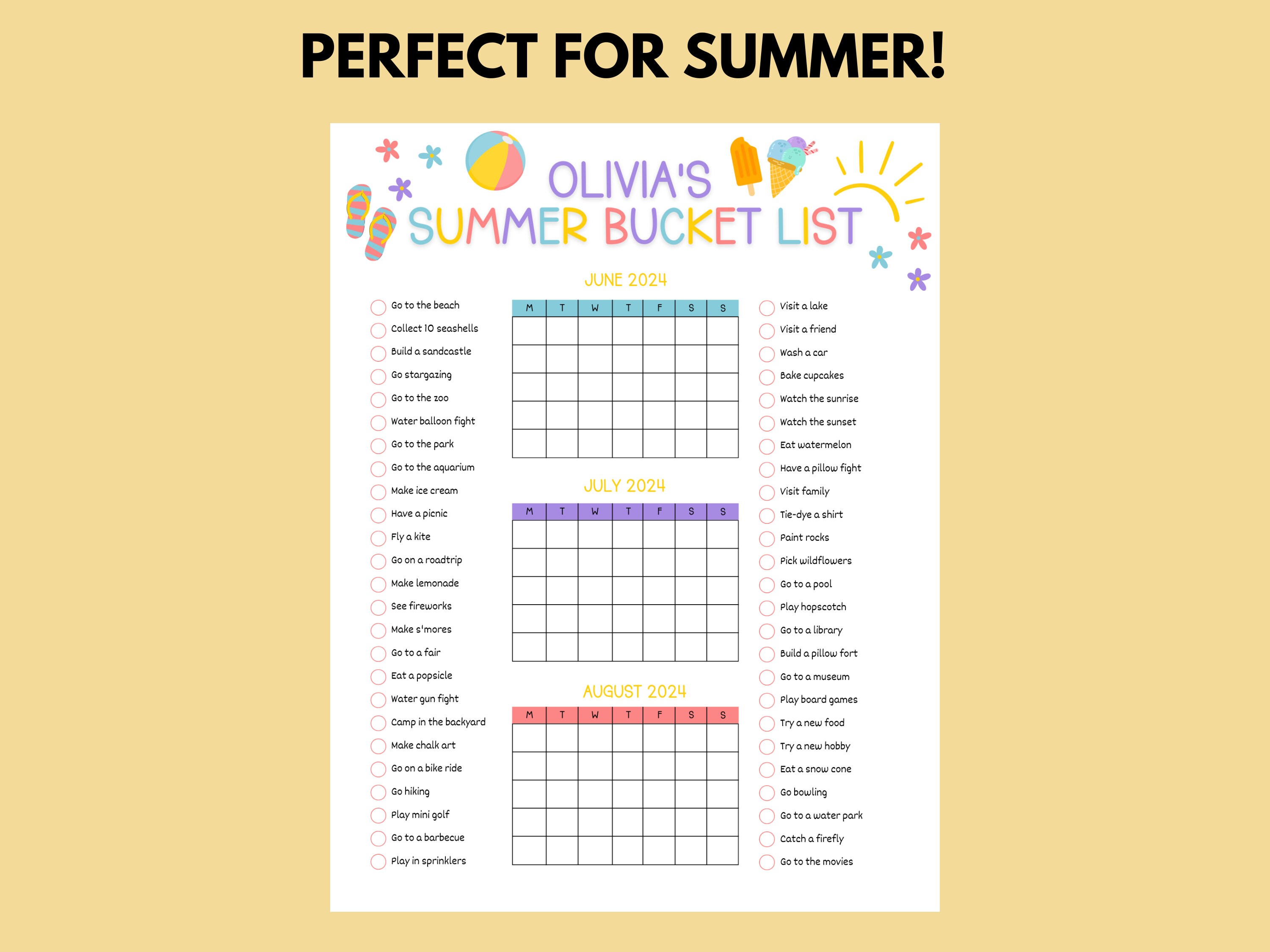 Personalized Editable Summer Bucket List Template, Kids Summer Bucket ...