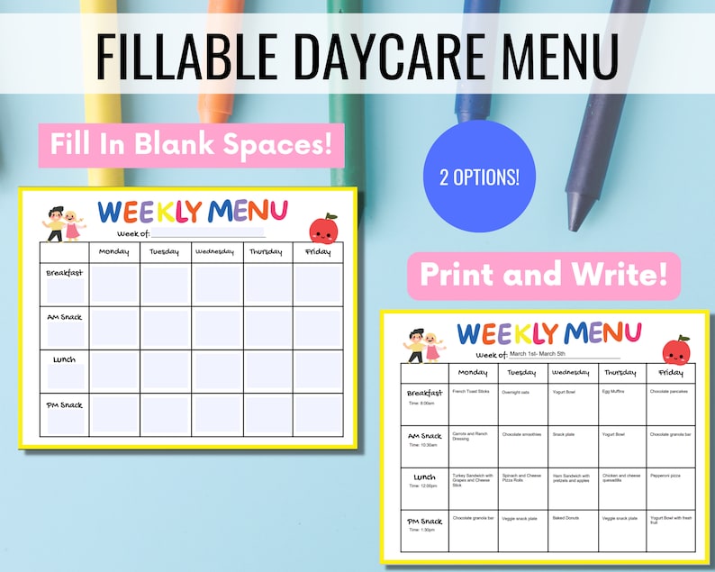 Fillable Weekly Daycare Menu, Editable Home Daycare Meal Planner ...