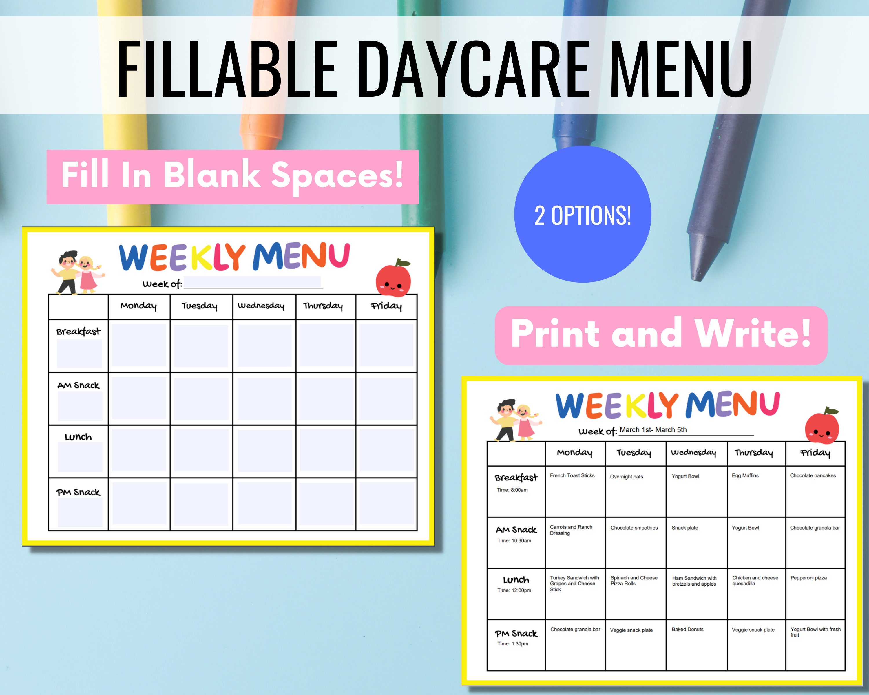 Fillable Weekly Daycare Menu, Editable Home Daycare Meal Planner ...