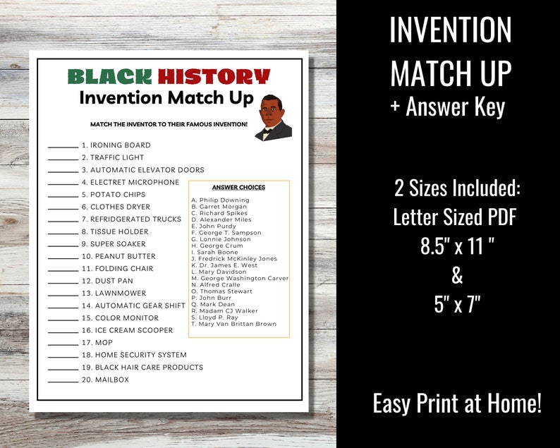 Invention Match up Black History Game, Black History Month Printable ...