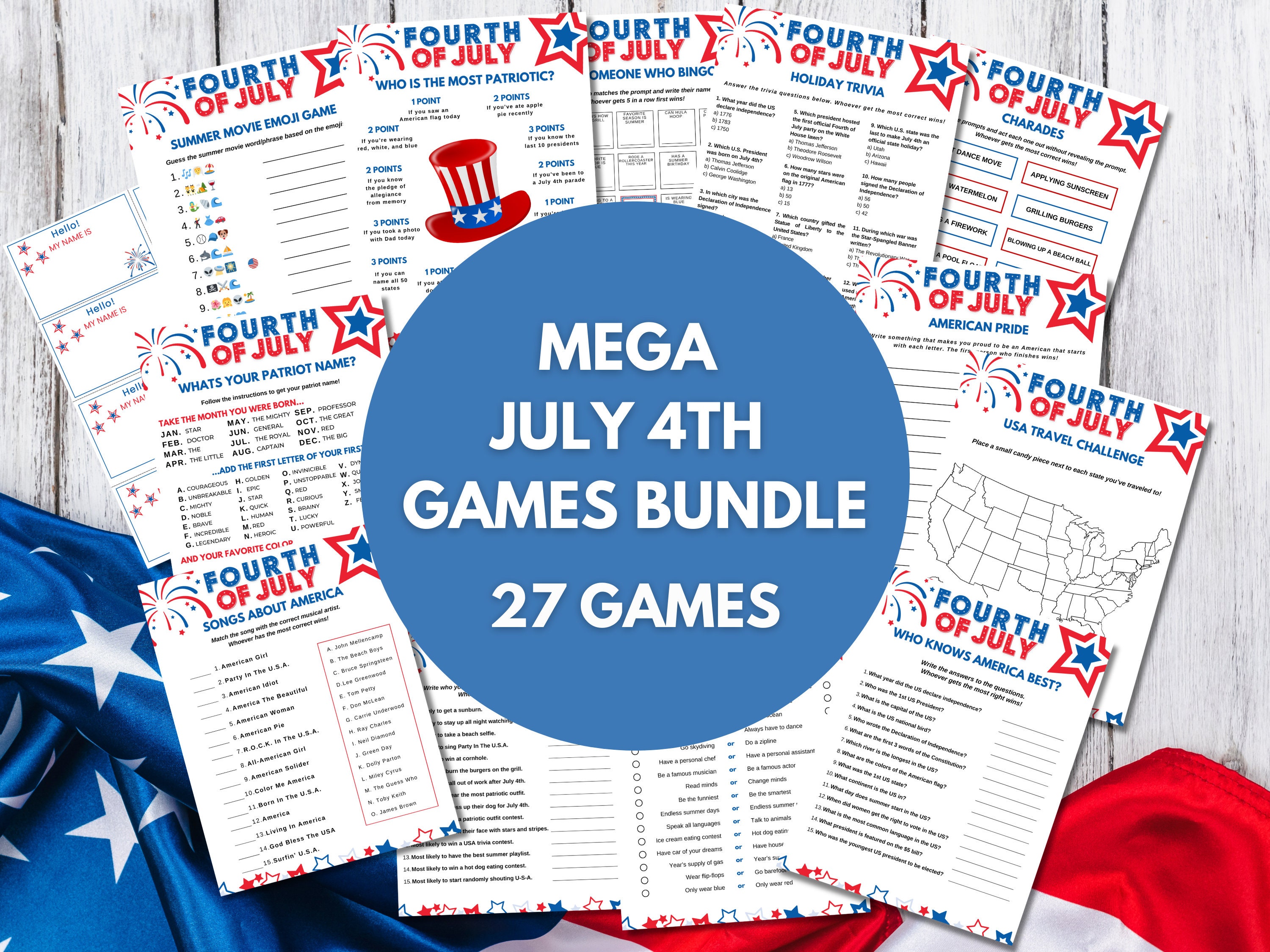 July 4th Party Games Bundle, Printable 4th of July Activity, July 4th ...