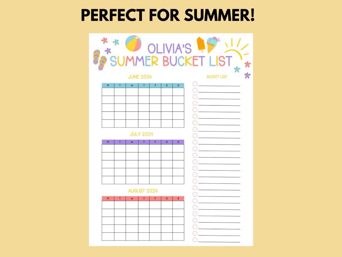 Personalized Editable Summer Bucket List Template, Kids Summer Bucket ...