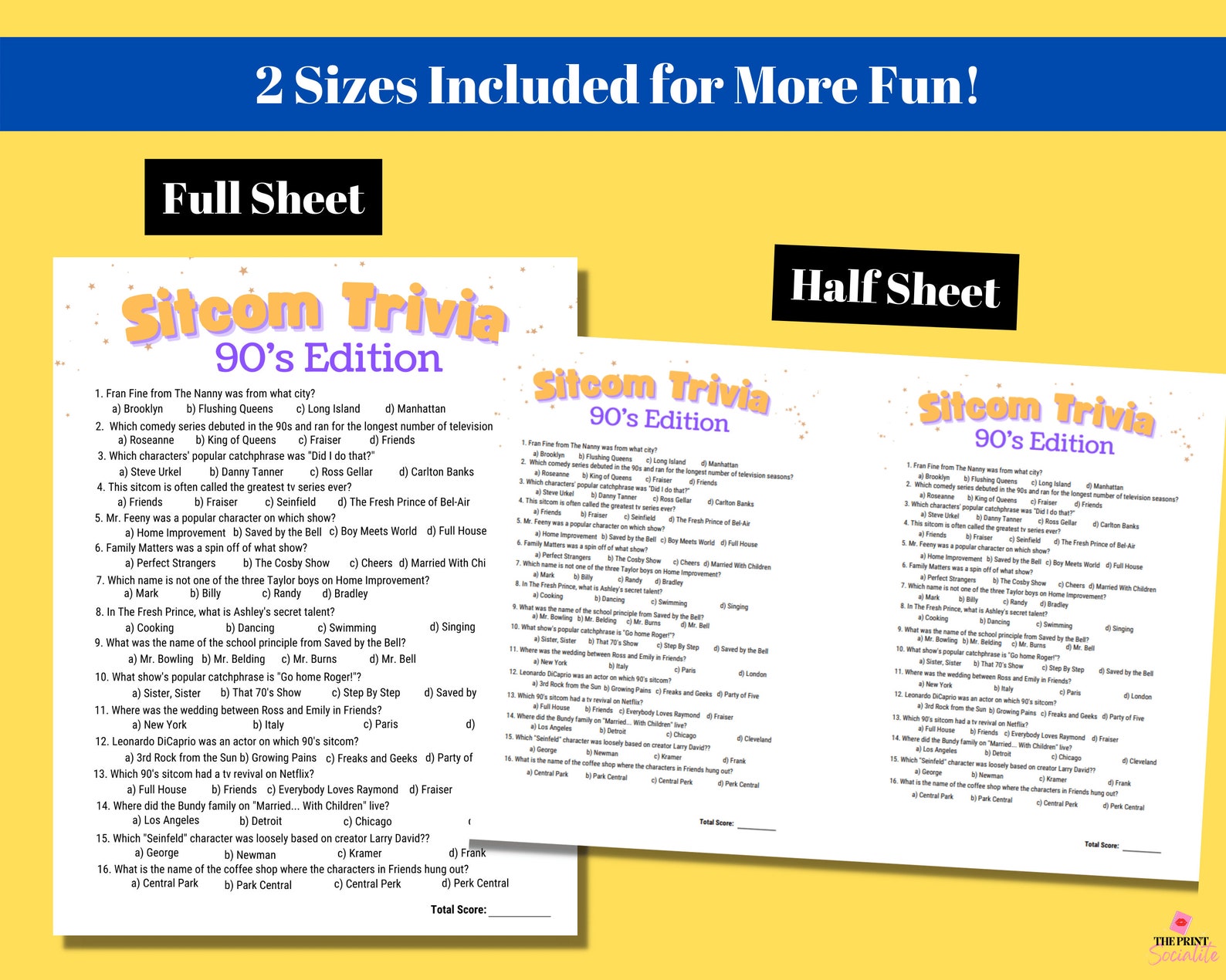 90's Sitcom Trivia Game, Printable Party Game, Back to the Nineties ...
