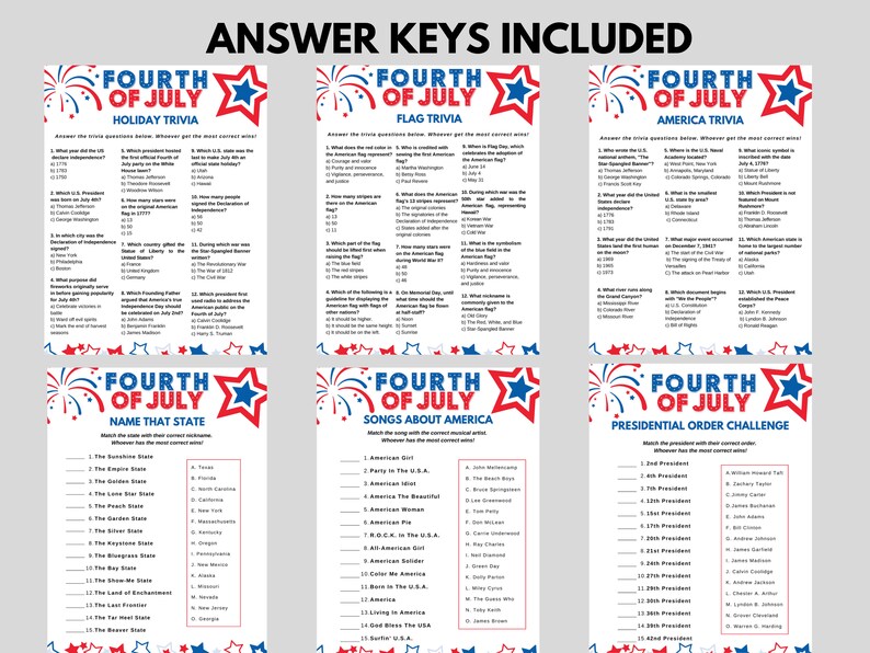 July 4th Party Games Bundle, Printable 4th of July Activity, July 4th ...