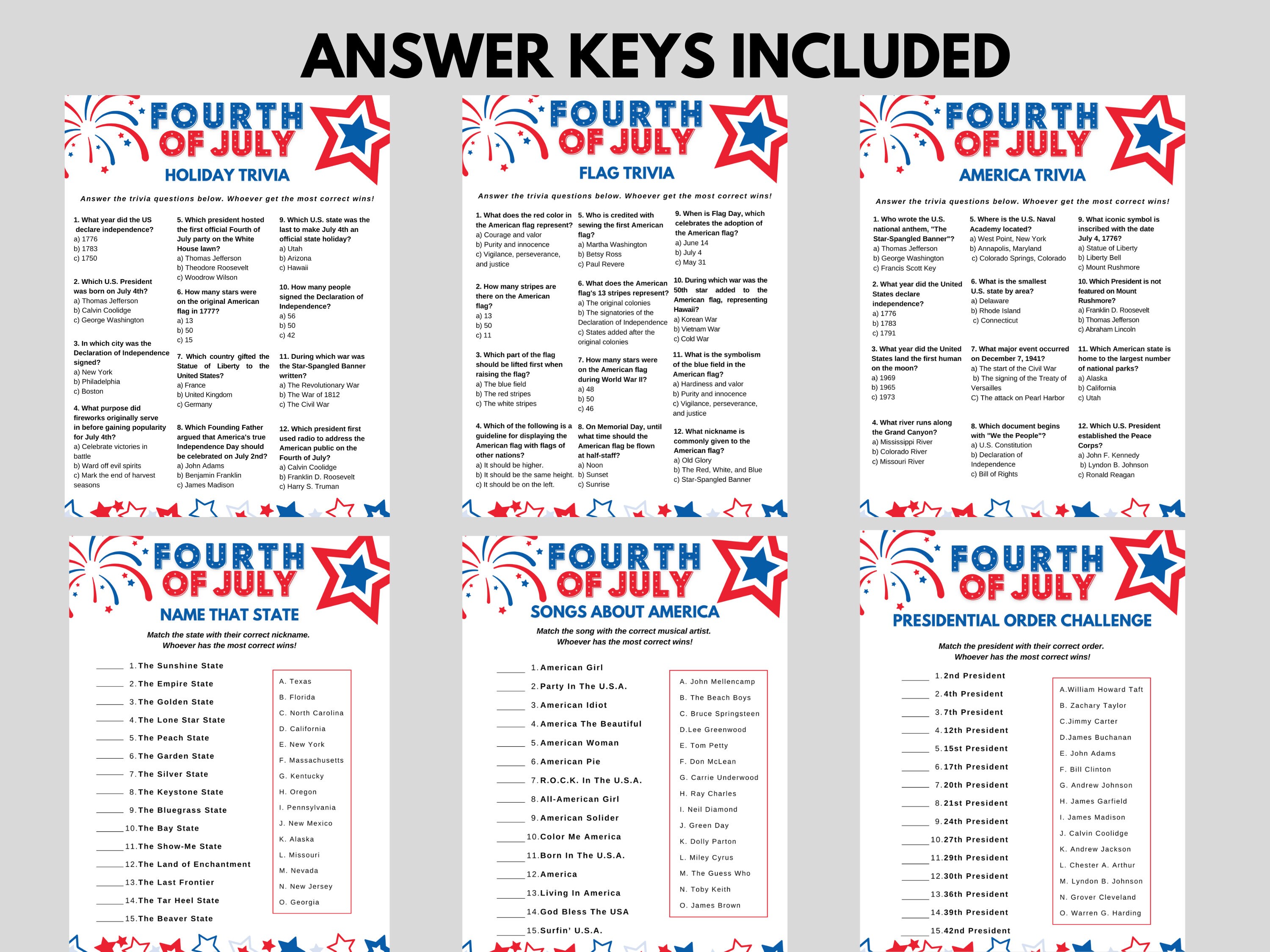July 4th Party Games Bundle, Printable 4th of July Activity, July 4th ...