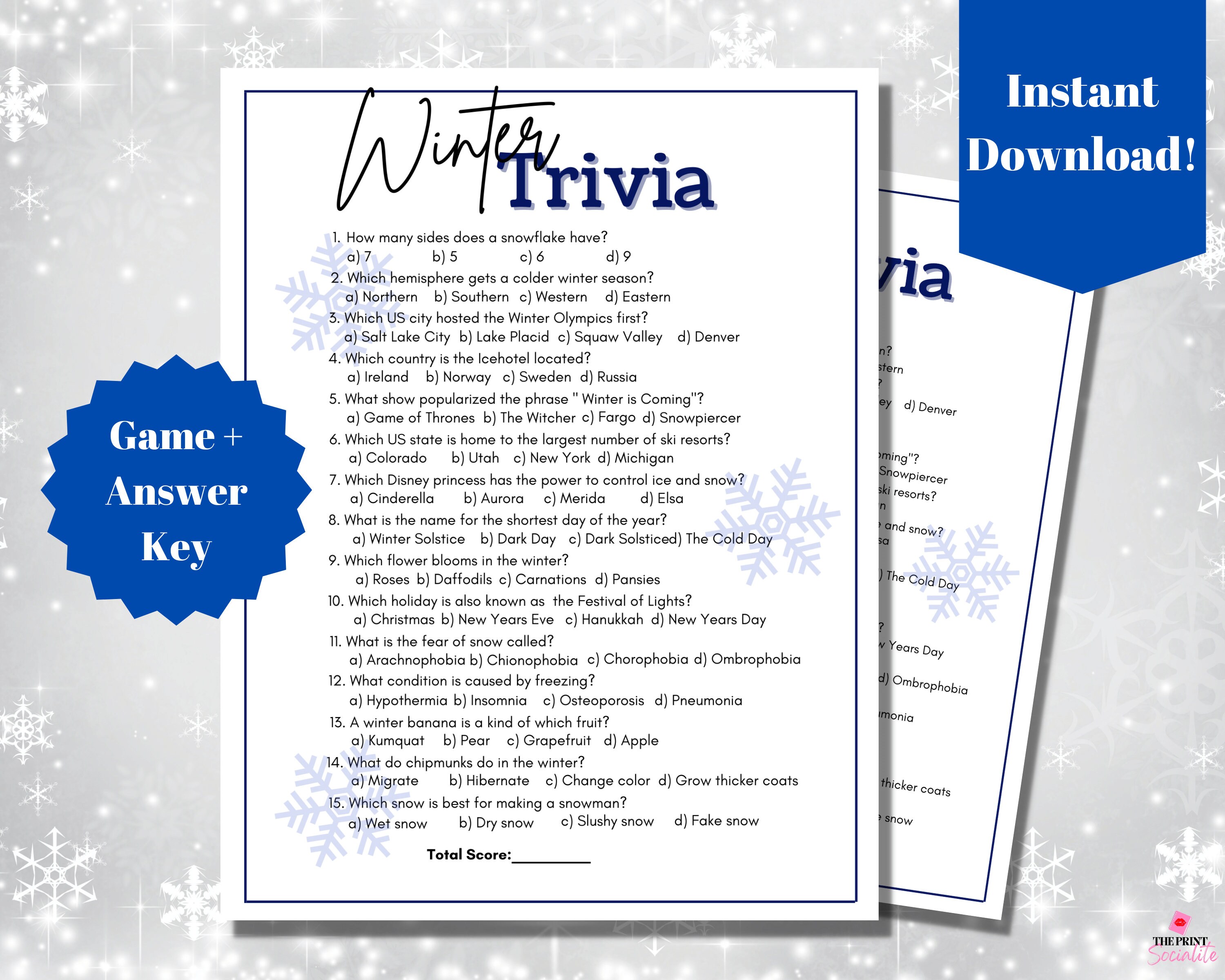 Winter Trivia Game Printable, Wintertime Activity for Adults, Kids ...