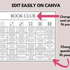 Editable Book Club Discussion Questions, Book Club Dice Game, Book Club ...