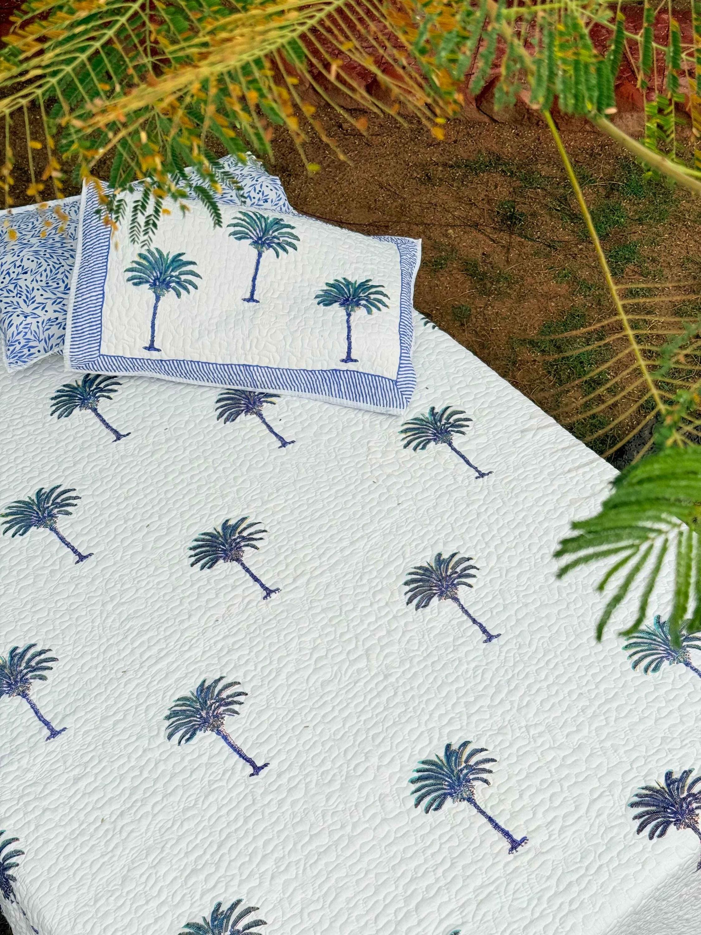Palm Tree Hand Block Printed Cotton Quilt: Reversible Floral Bedspread ...