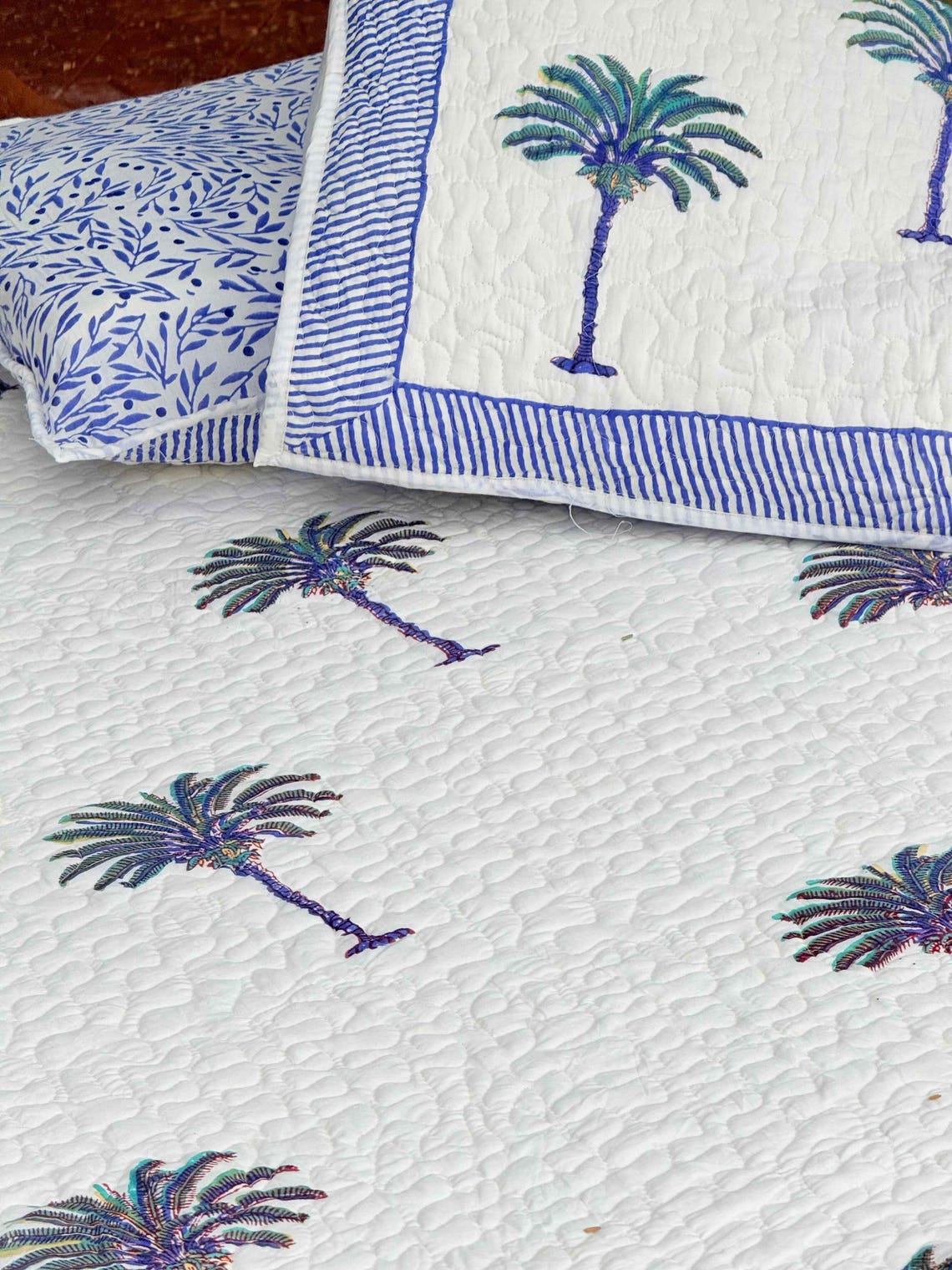 Palm Tree Hand Block Printed Cotton Quilt: Reversible Floral Bedspread ...