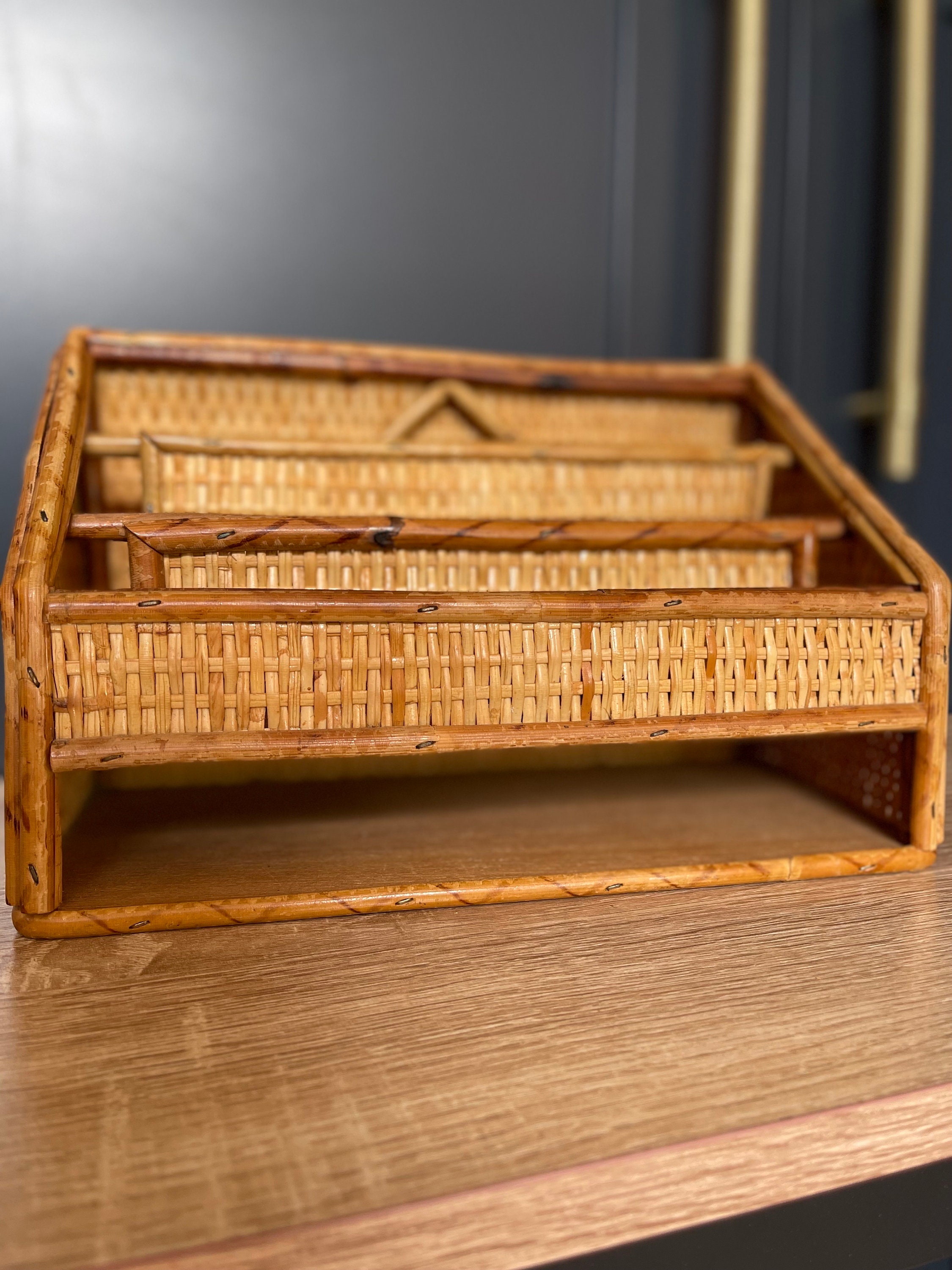 Vintage Wicker Rattan & Bamboo Letter Rack Desk Tidy Office Organiser ...