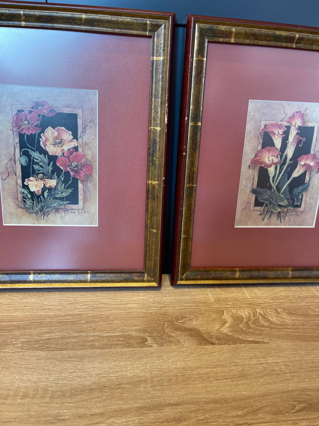 Vintage Barbara Mock Floral Prints: Burgundy & Gold Frames (set of 2 ...
