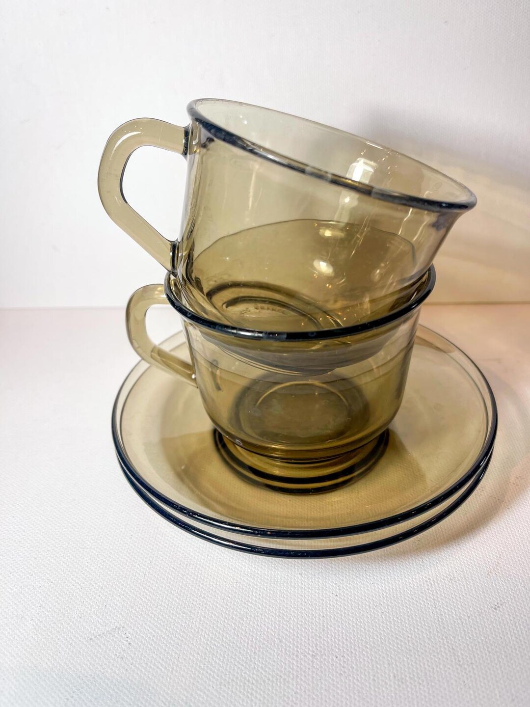 Set of 2 Vintage Arcoroc Smokey Glass Coffee Cups and Saucers Mid ...