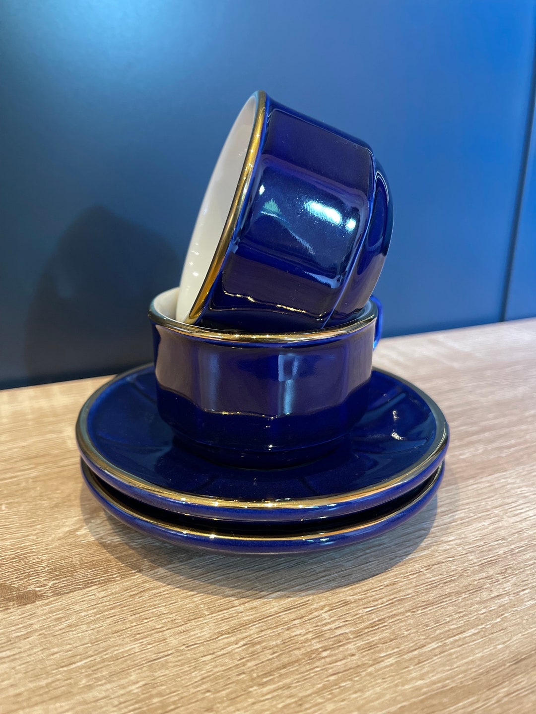 2x Apilco Blue Espresso Cups and Saucers Ridged Vintage Martell Cognac ...