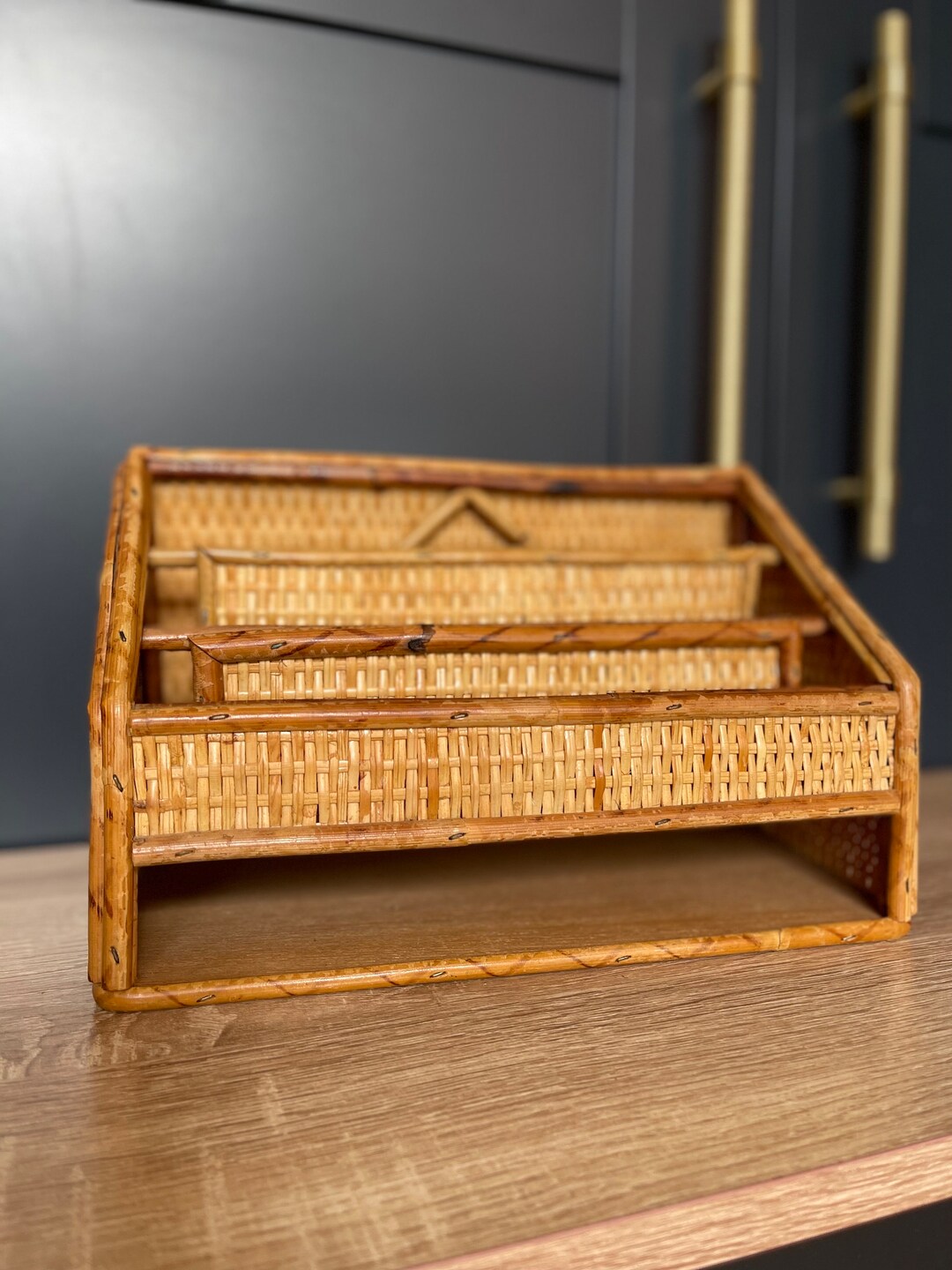 Vintage Wicker Rattan & Bamboo Letter Rack Desk Tidy Office Organiser ...