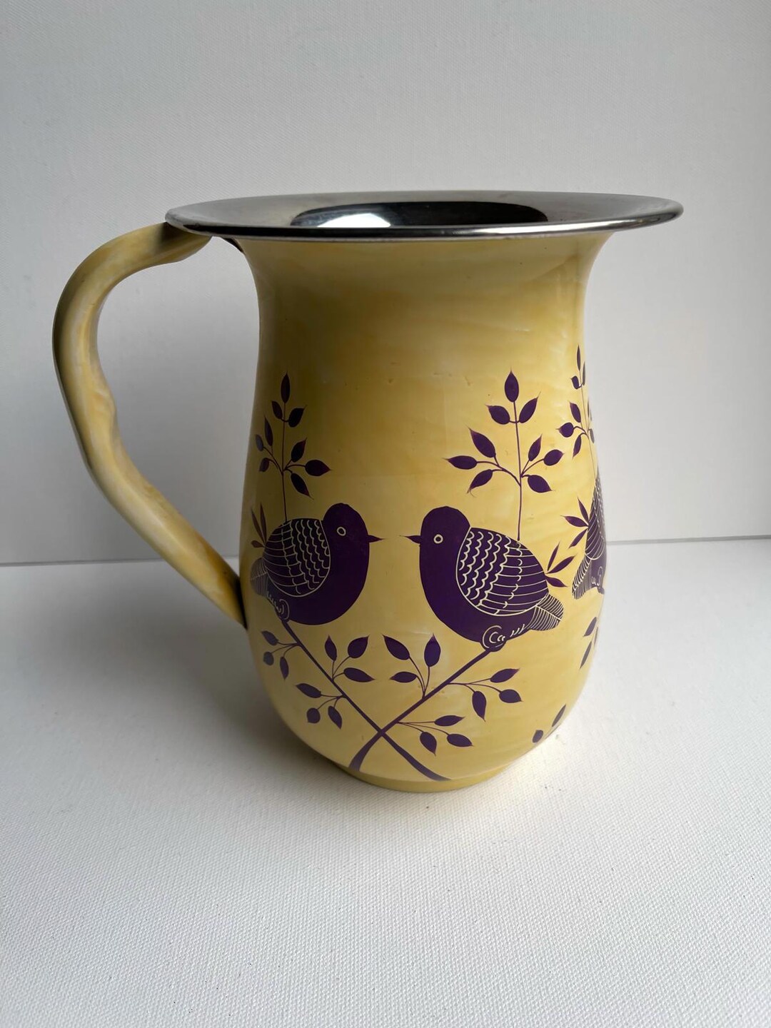 Large Vintage Enamel Steel Jug | Hand-painted Scandinavian Style Bird ...