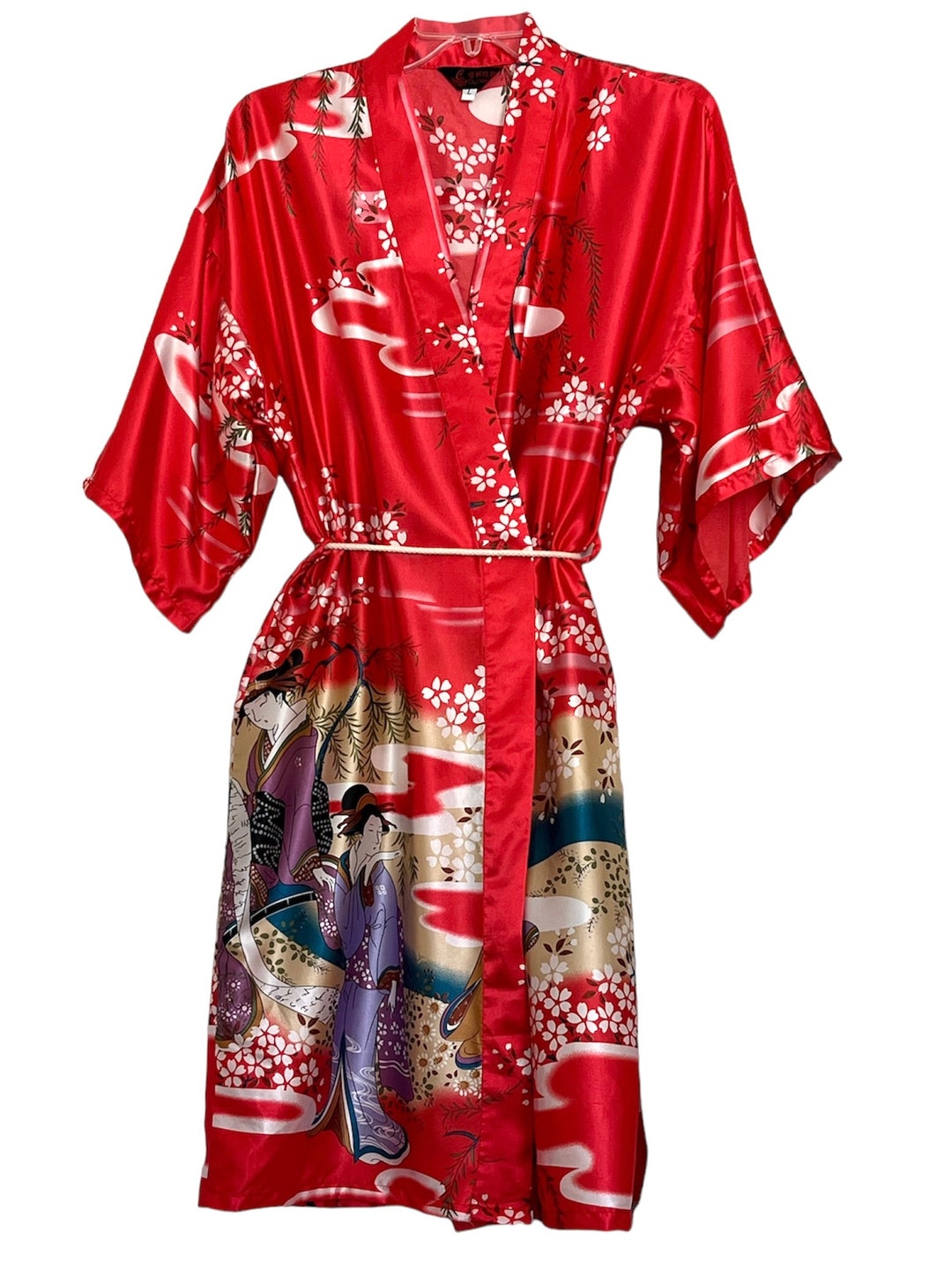 Dynasty Mid Length Kimono Robe Satin Handprinted Silky Kimono - Etsy