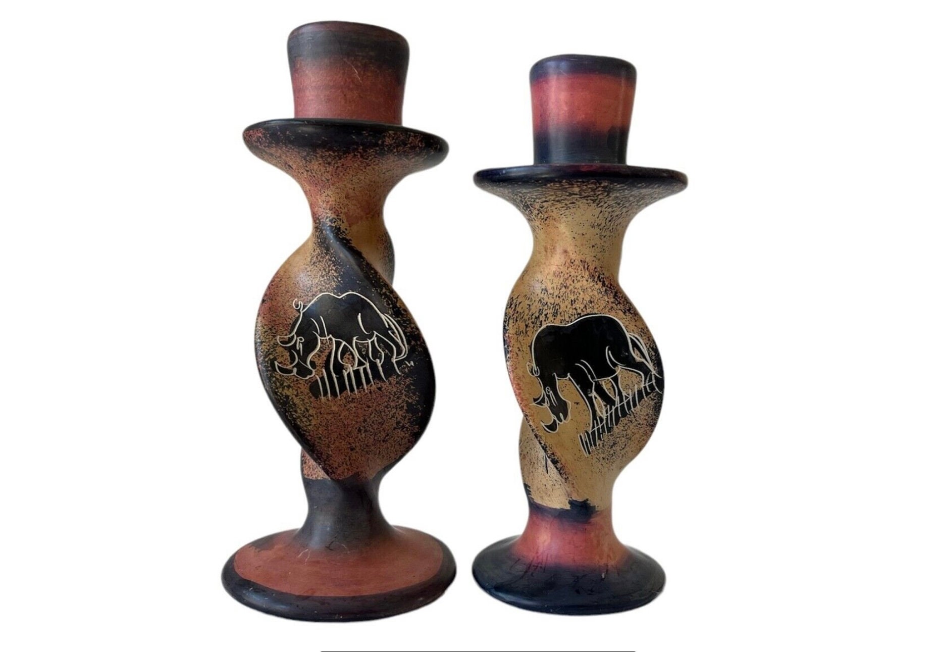 Pair Soapstone Candlestick Candle Holders Twisted Hand Carved Rhino ...