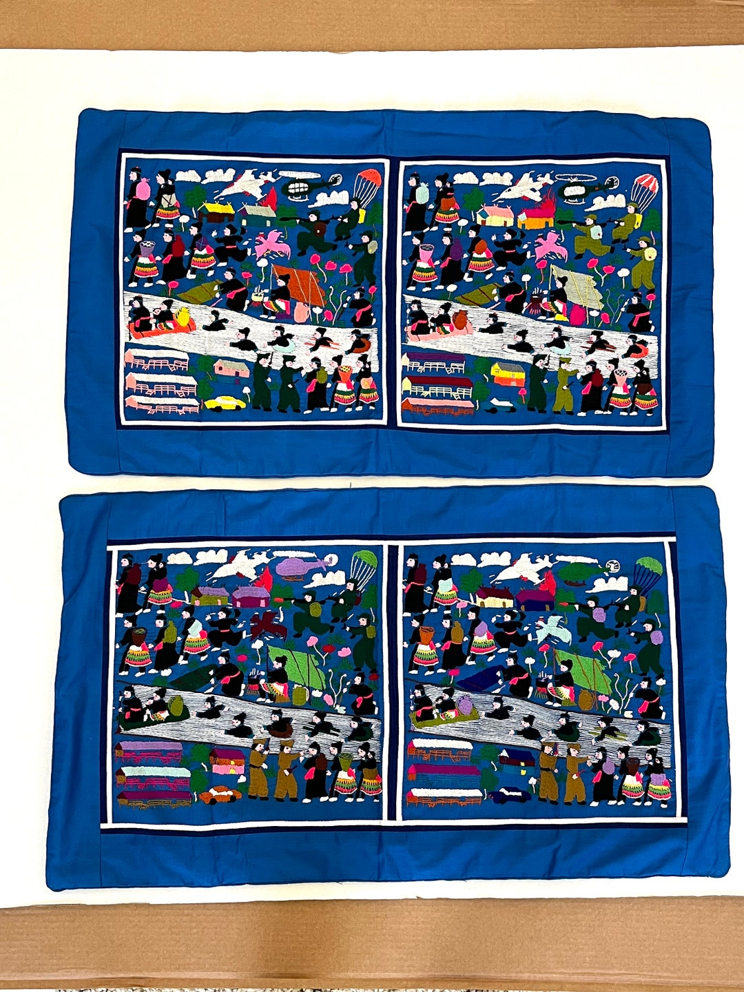 Hmongs Story Cloth Crossing the River Embroidered Pillow Shams 29 X 17 ...