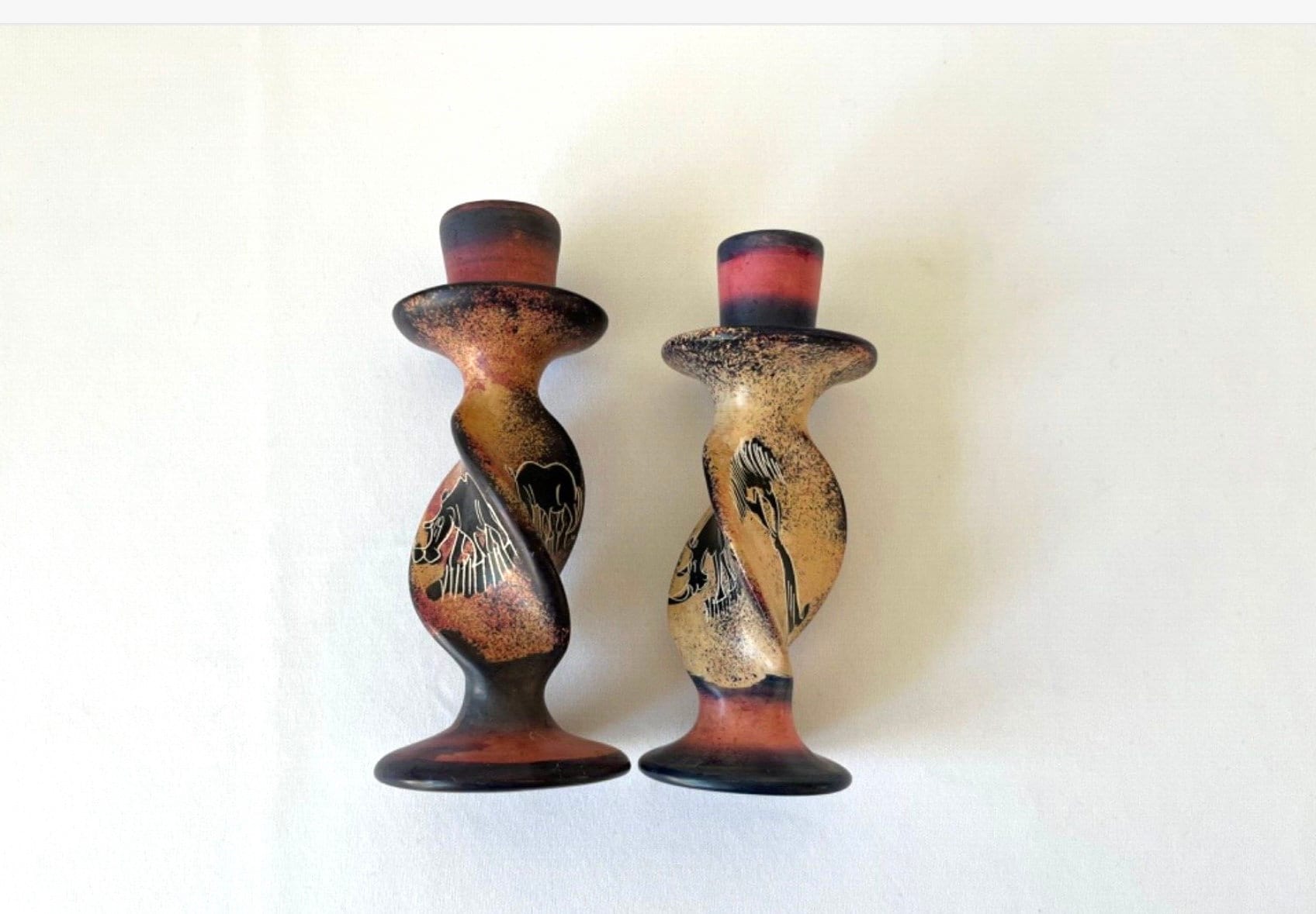 Pair Soapstone Candlestick Candle Holders Twisted Hand Carved Rhino ...