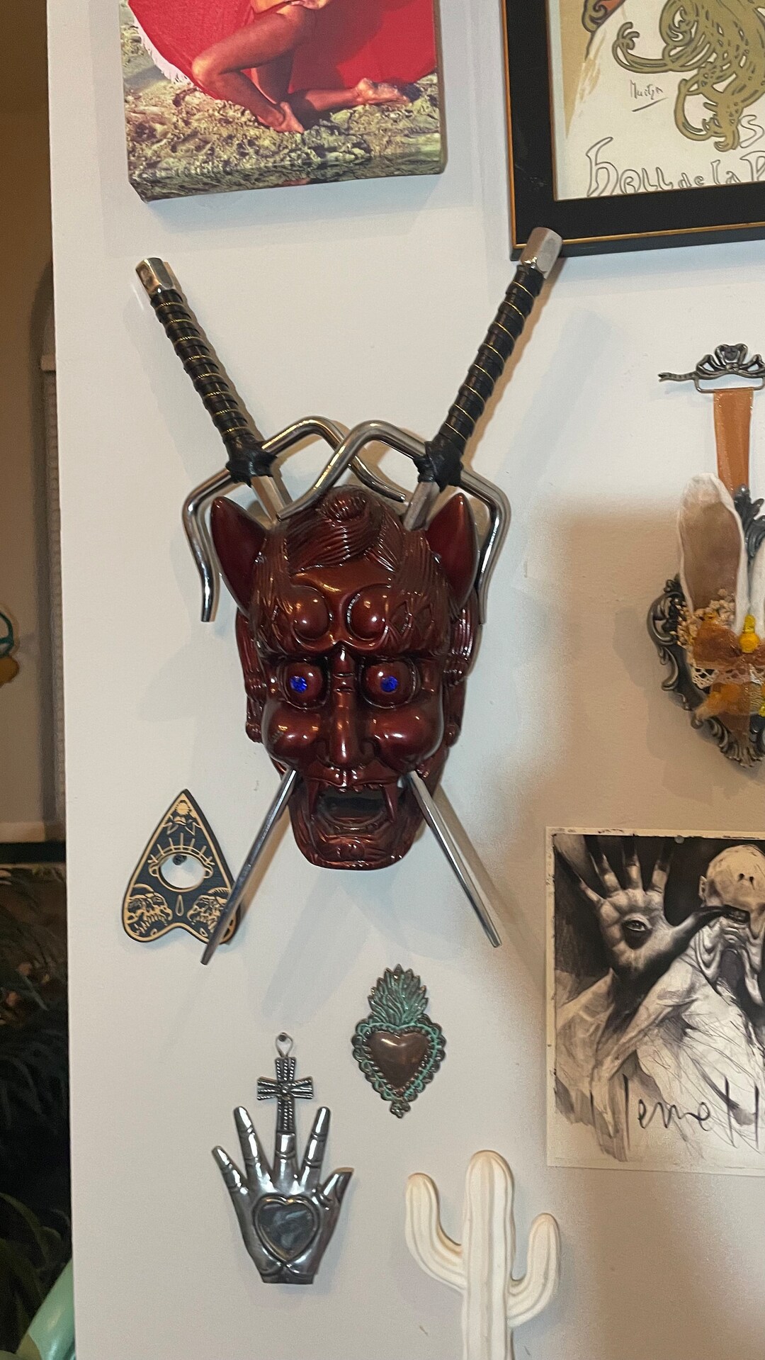 Japanese Sai Sword Kami Mask Holder Mount Wall Decor Art Bishamon God ...