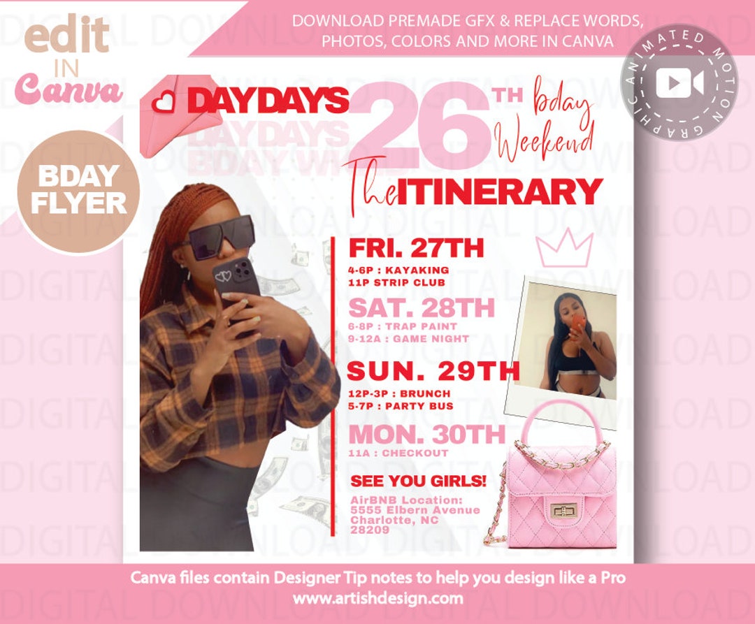 Canva DIY Flyer | Bday Trip Flyer, Trip Itinerary, Luxury Girl Template ...