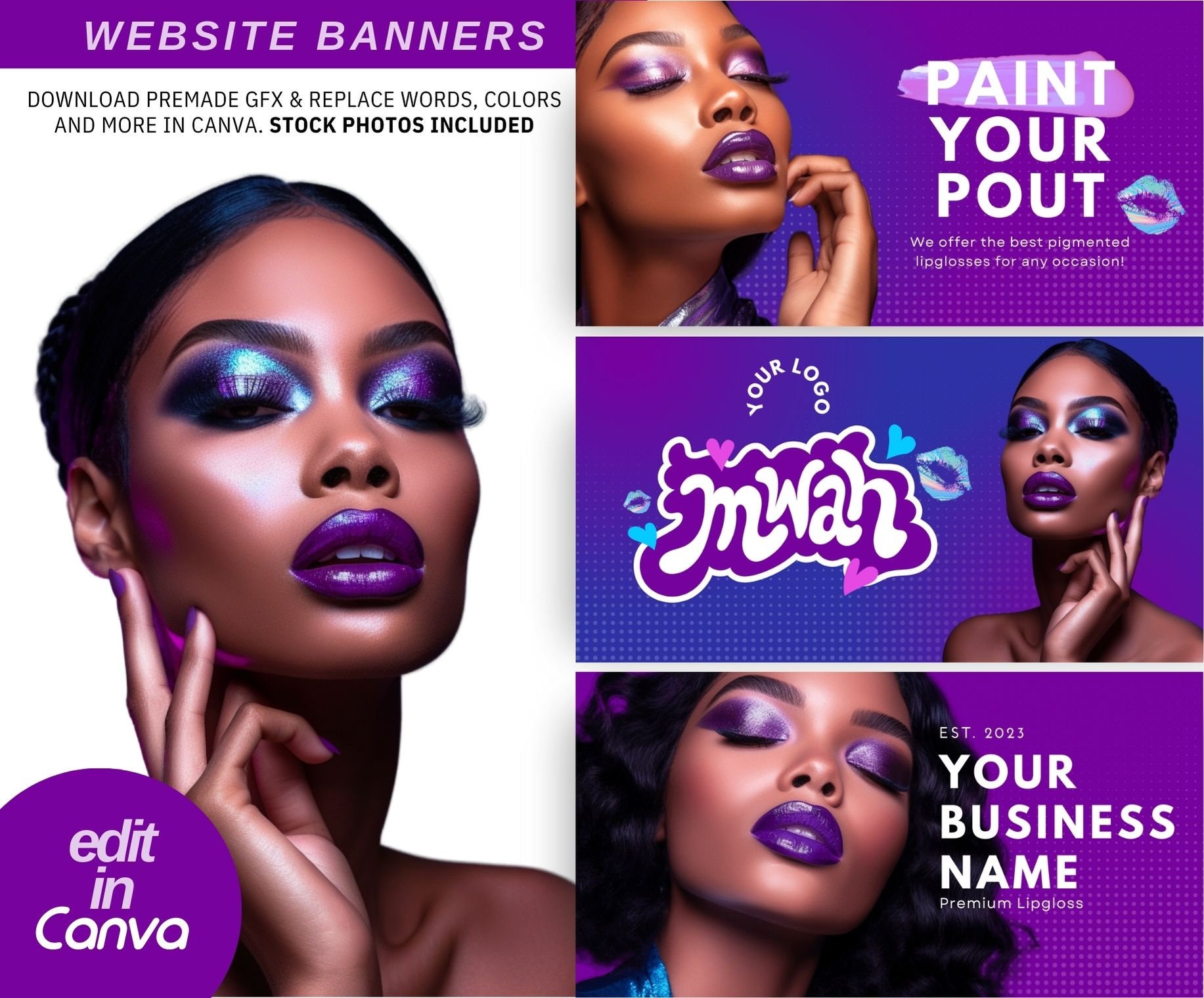 3 Website Banners for Lipgloss Cosmetics Brand, Canva Templates, Beauty ...