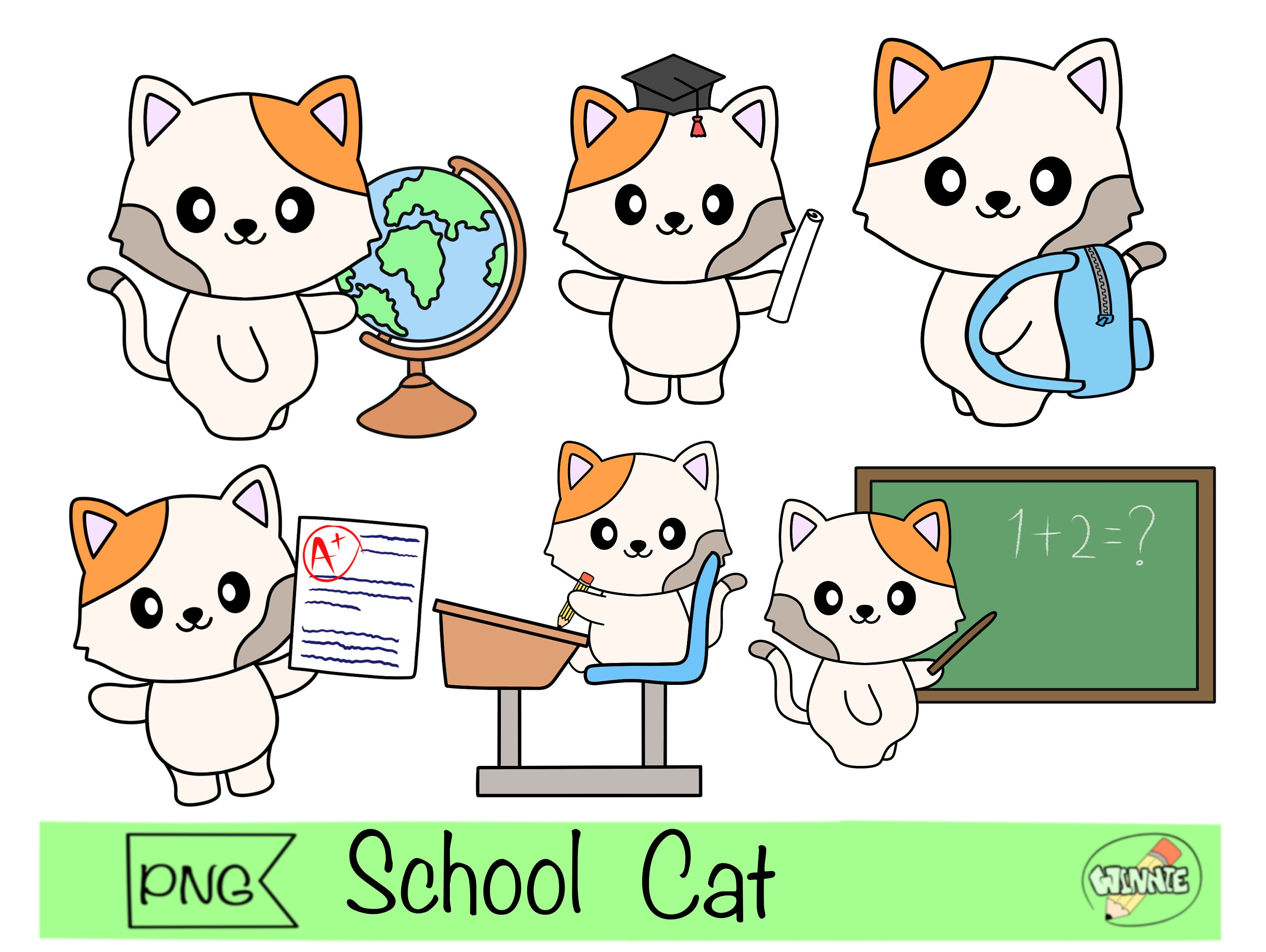 Cat Clipart School Cat Digital Planner Stickers Kitten Teacher - Etsy