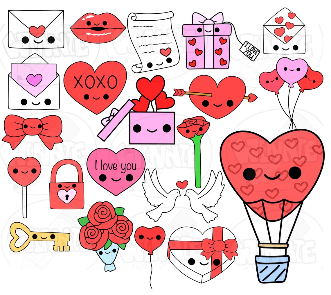 Kawaii Valentine Clipart SVG Cute Valentines Day Love Heart Digital ...