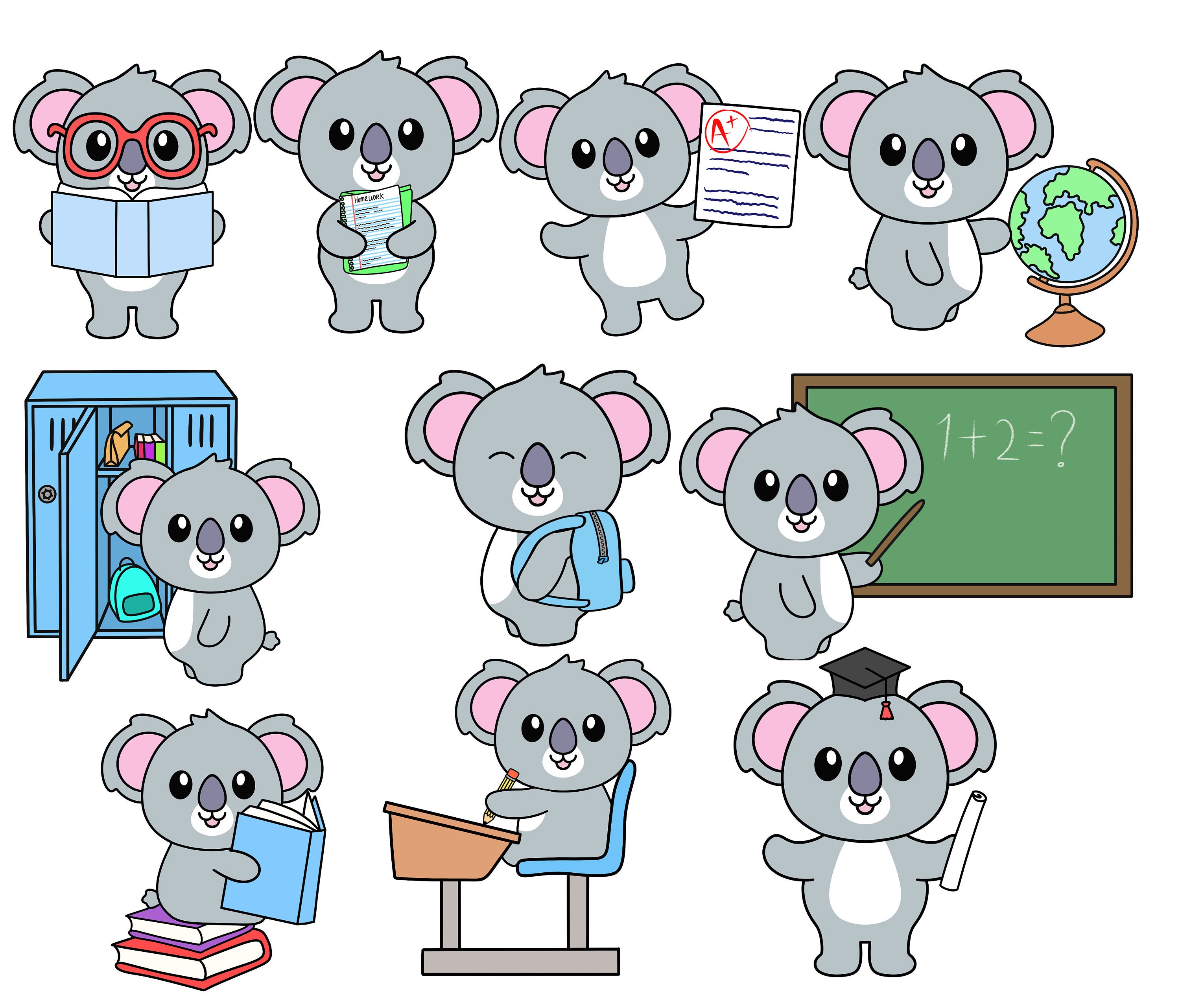 Cute Koala Clipart Back to School Koala Stickers Student Koala ...