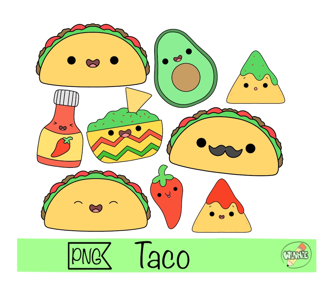 Cute Taco Clipart Mexican Food Png Taco Kawaii Cartoon Printable Sticker Digital Taco Design ...