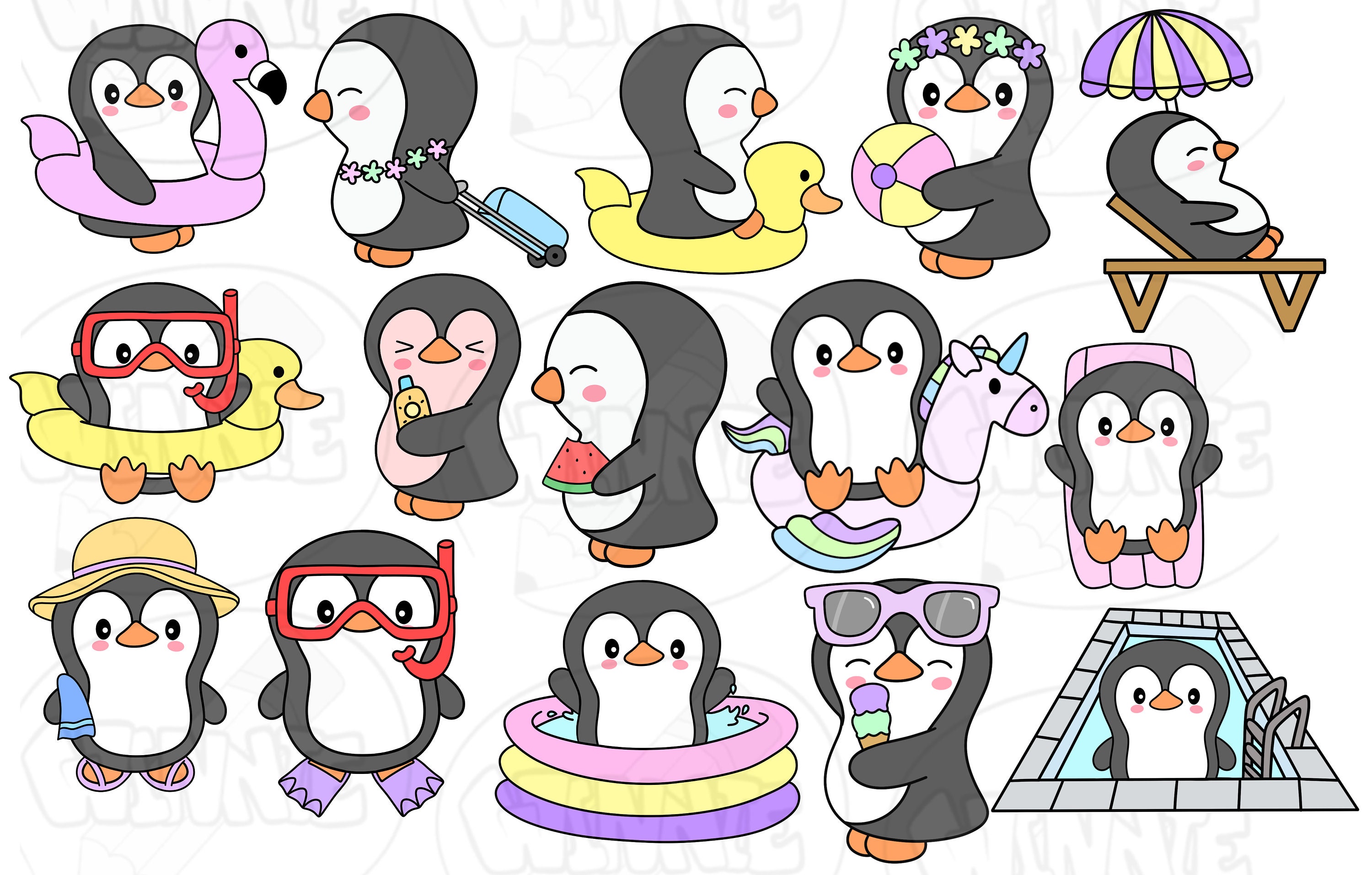 Penguin Clipart Pool Party Png Digital Stickers Penguin Summer Holiday ...
