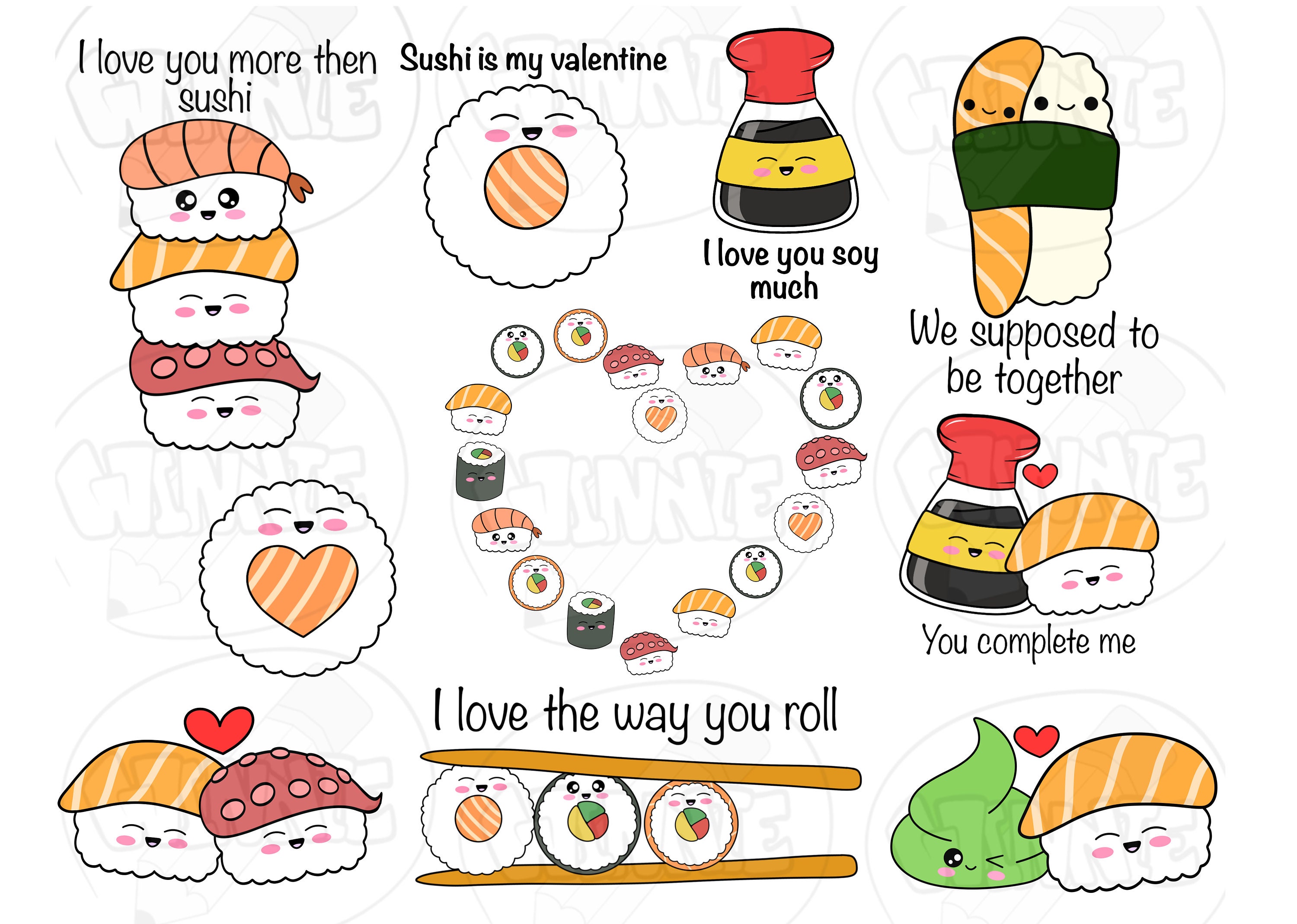 Cute Valentine Sushi Clipart Quotes Sushi in Love Png Digital - Etsy