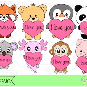 Cute Valentine Clipart Animal Valentines Day Kawaii Animals in Love Png ...