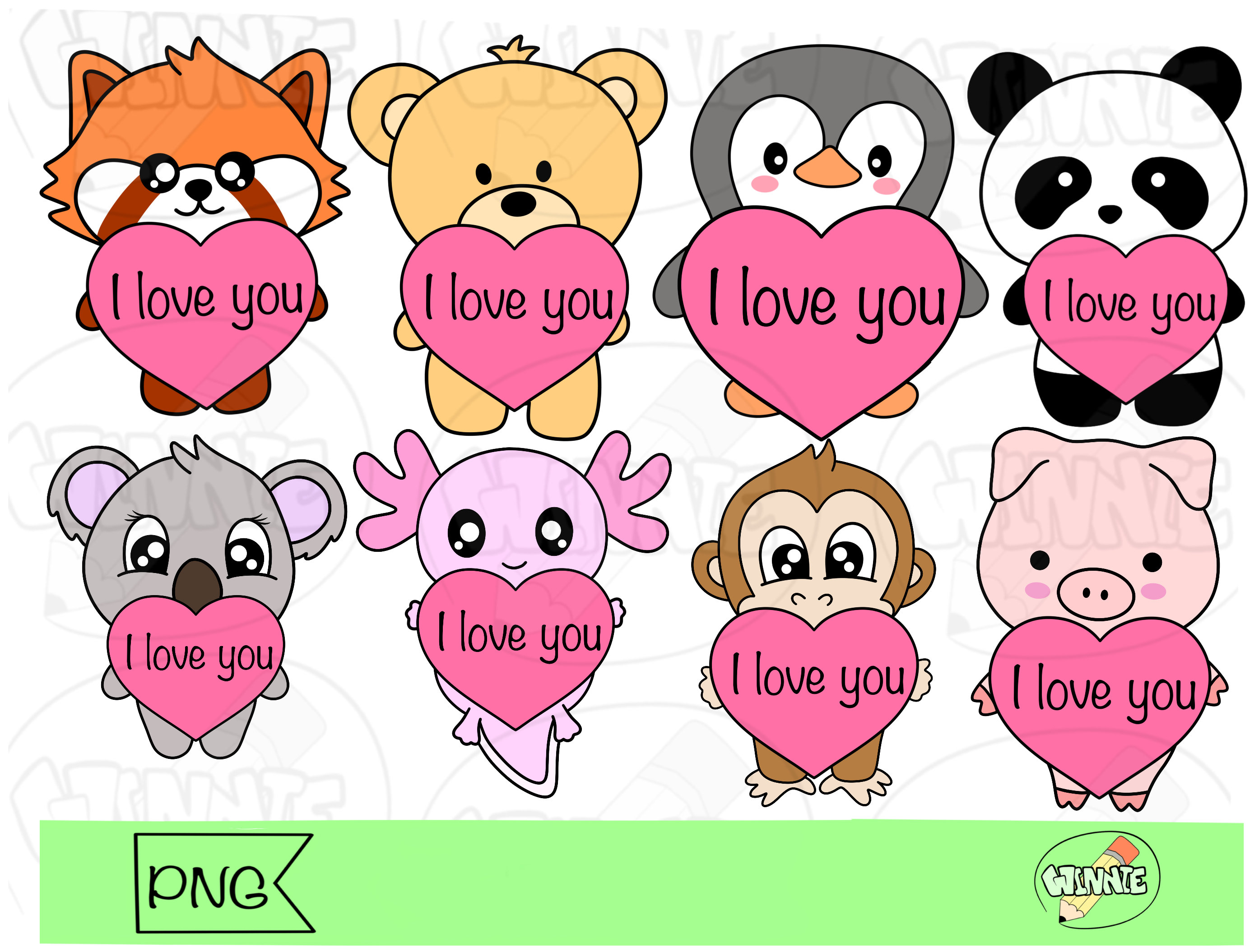 Cute Valentine Clipart Animal Valentines Day Kawaii Animals in Love Png ...