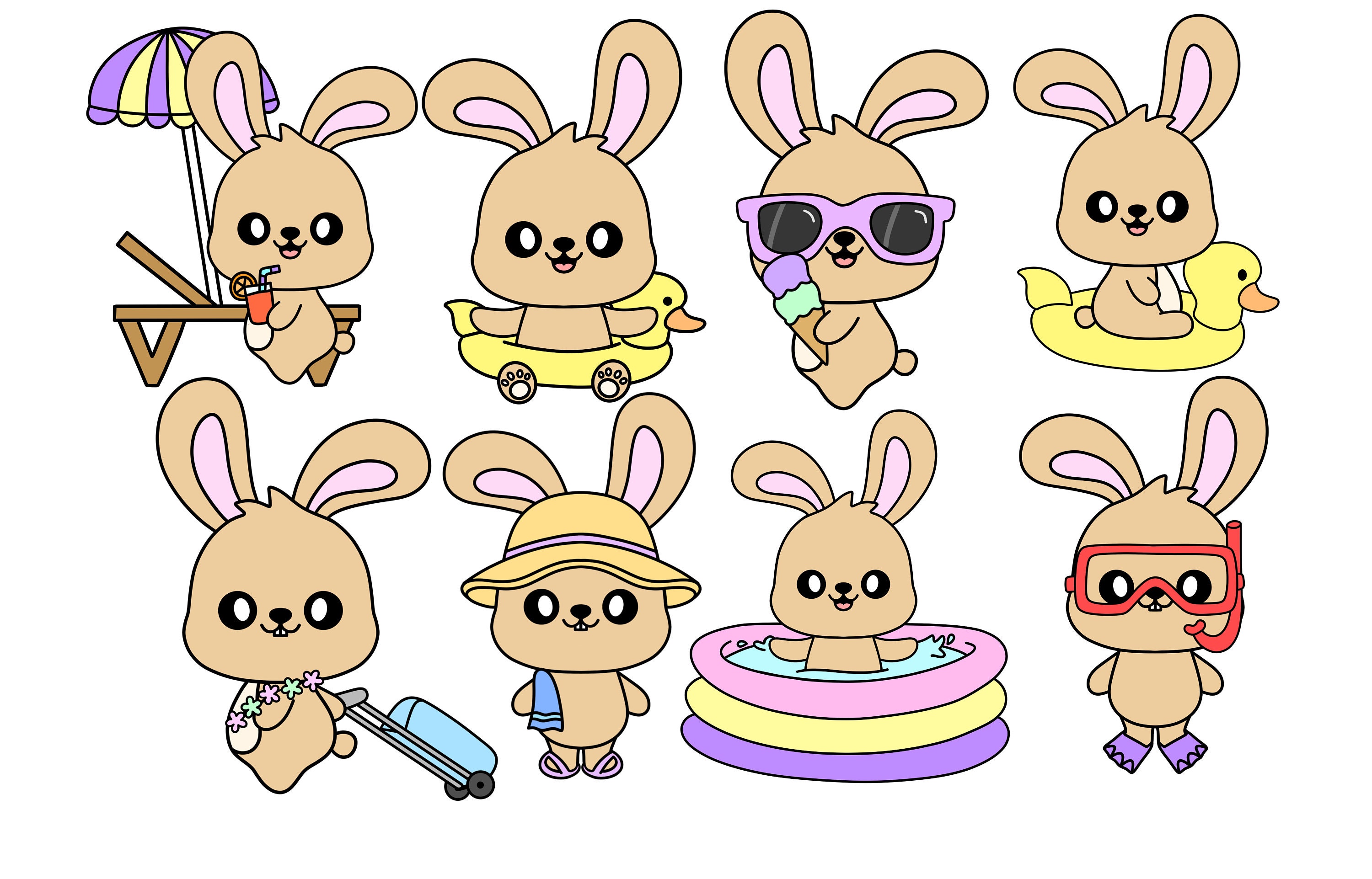 Bunny Clipart Pool Party Rabbit Animal Png Stickers Kawaii - Etsy