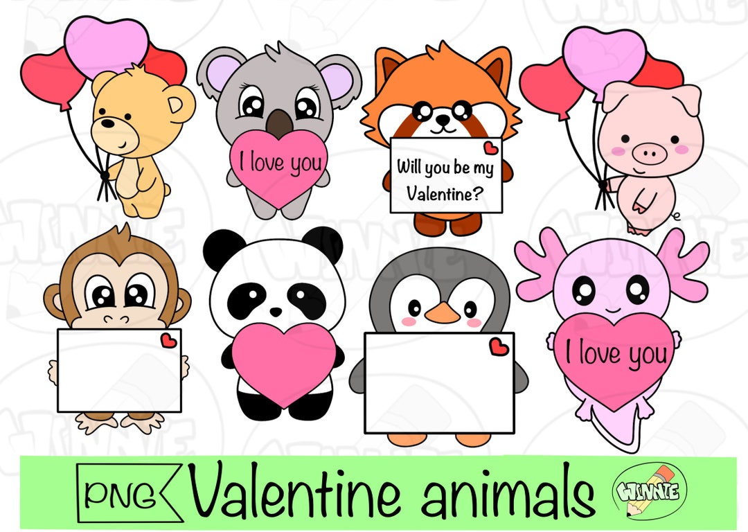 Cute Valentine Clipart Animal Valentines Day Kawaii Animals in Love Png ...